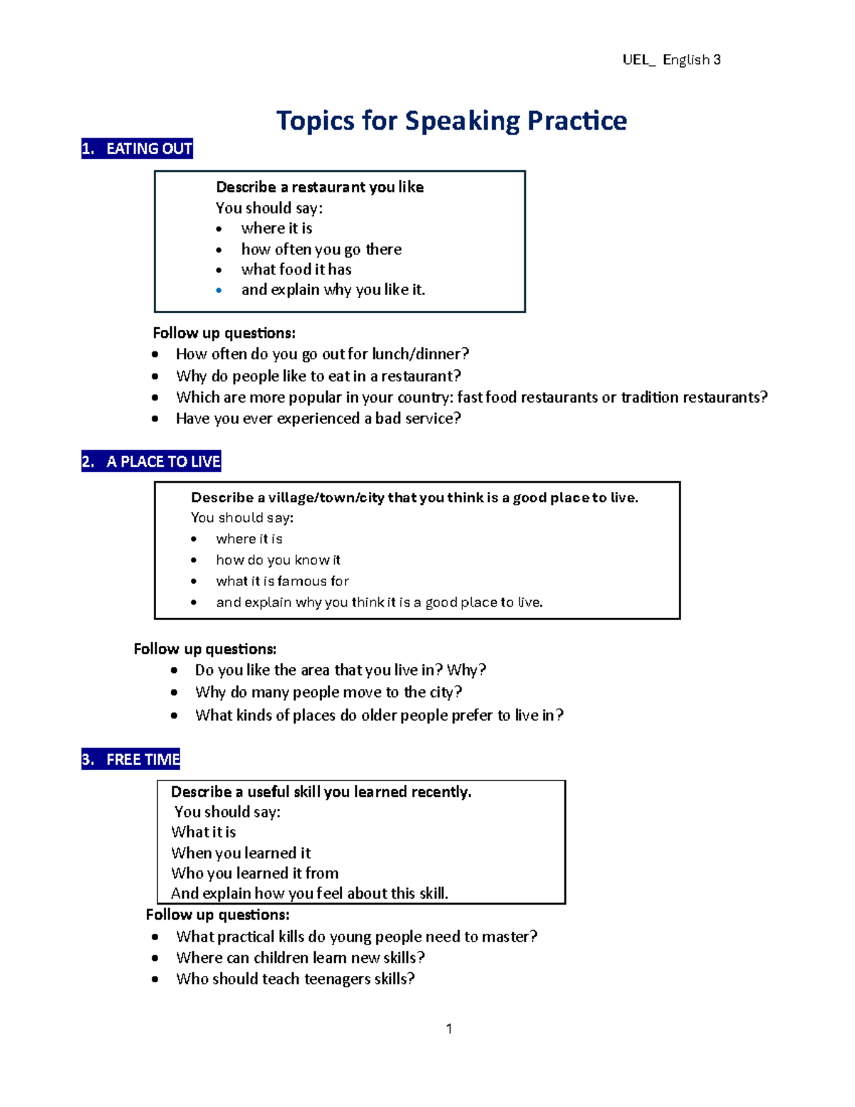 Topics for Speaking Practice Road Map B1+ - UEL_ English 3 1 Topics for ...