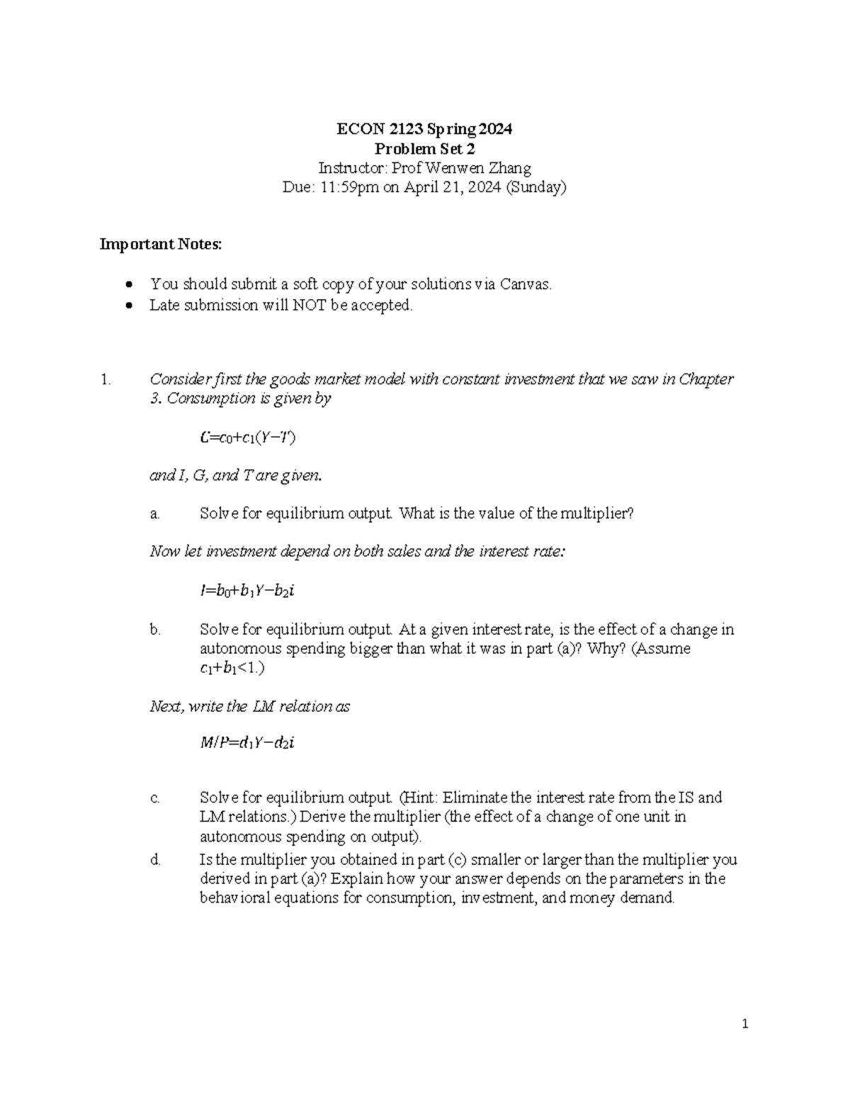 Econ 2123 PS2 AK - Practice materials - ECON 2123 Spring 2024 Problem Set 2 Instructor: Prof ...