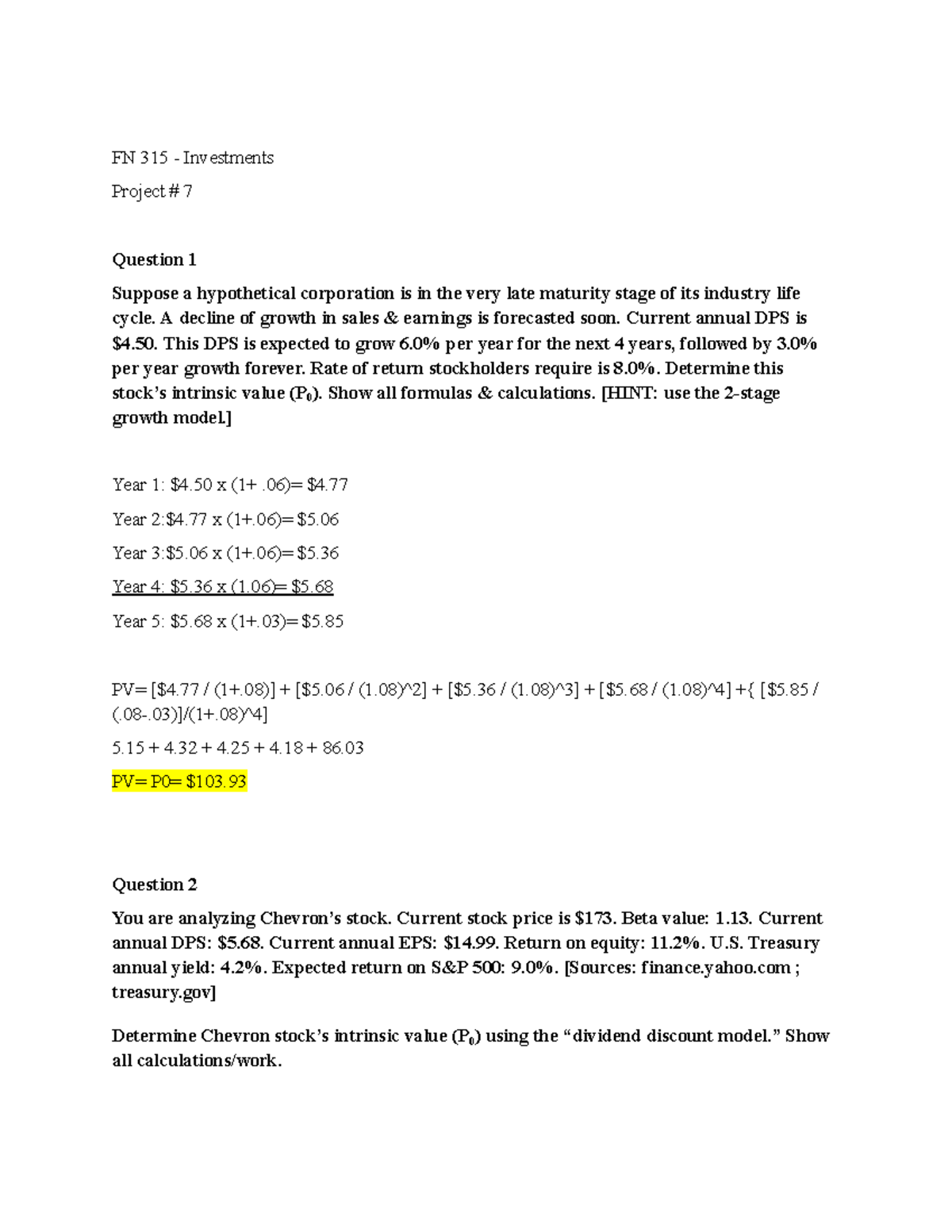 Investments Project 7 - Assignment 7 - FN 315 - Investments Project # 7 ...