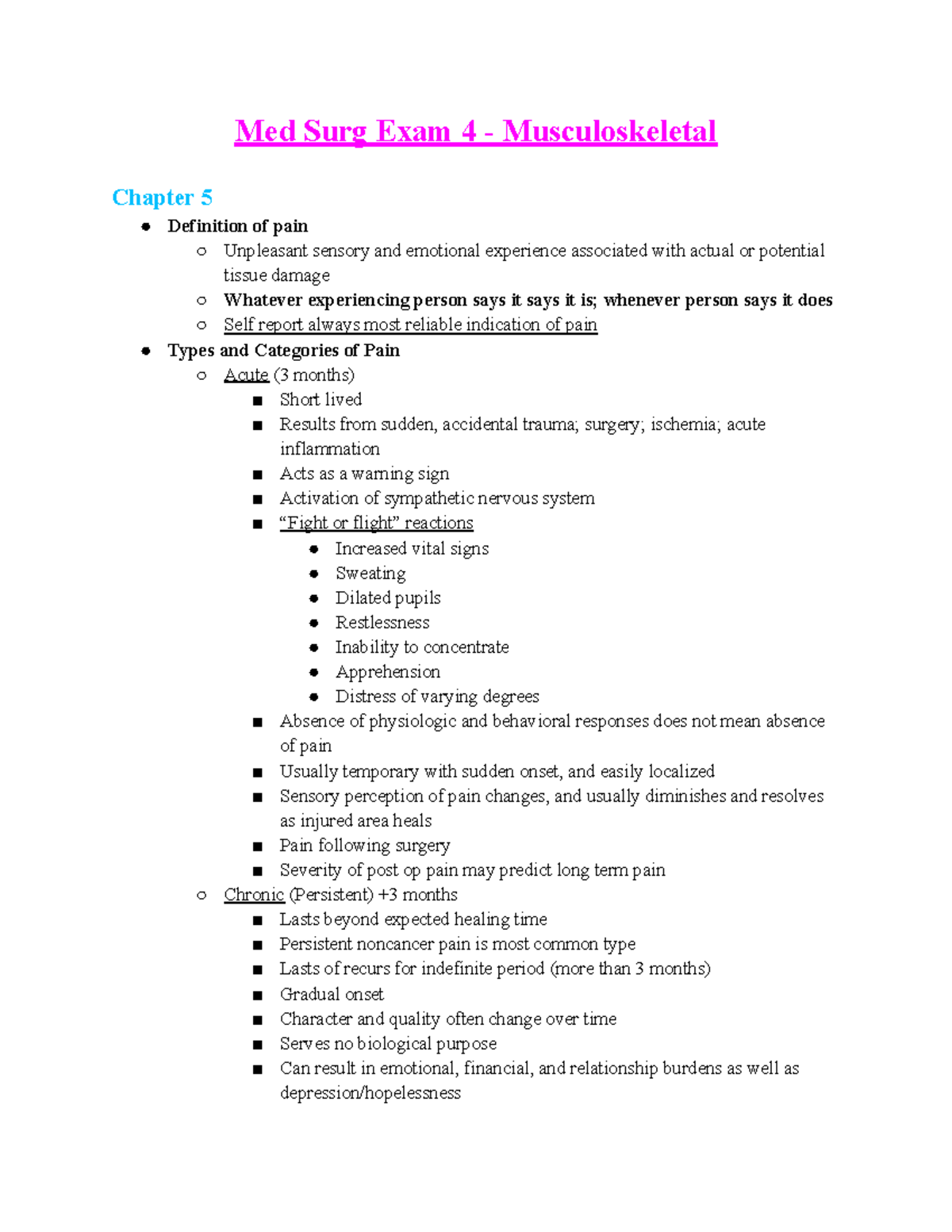Pain, Musculoskeletal, Bone diseases, Fractures - Med Surg Exam 4 ...