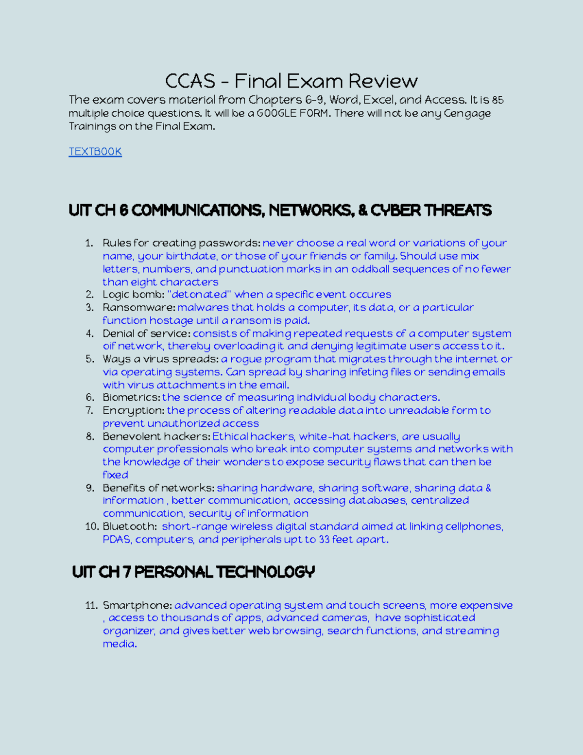 CCAS Final Exam Review - CCAS - Final Exam Review The exam covers ...