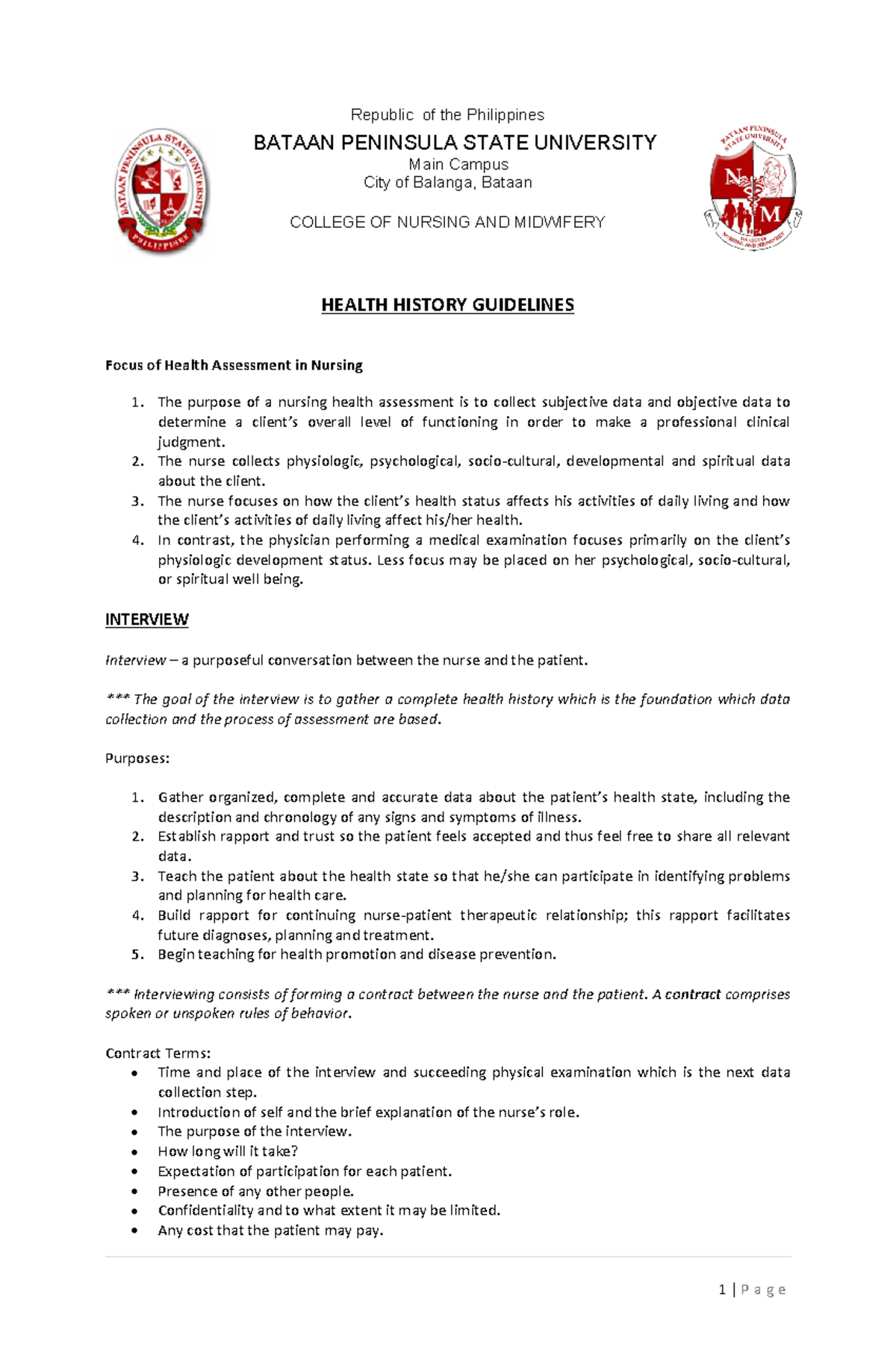 Health history guidelines - Republic of the Philippines BATAAN ...