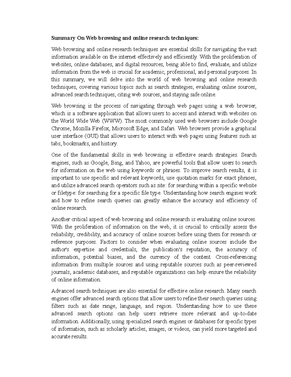 Summary On Web browsing and online research techniques - With the ...