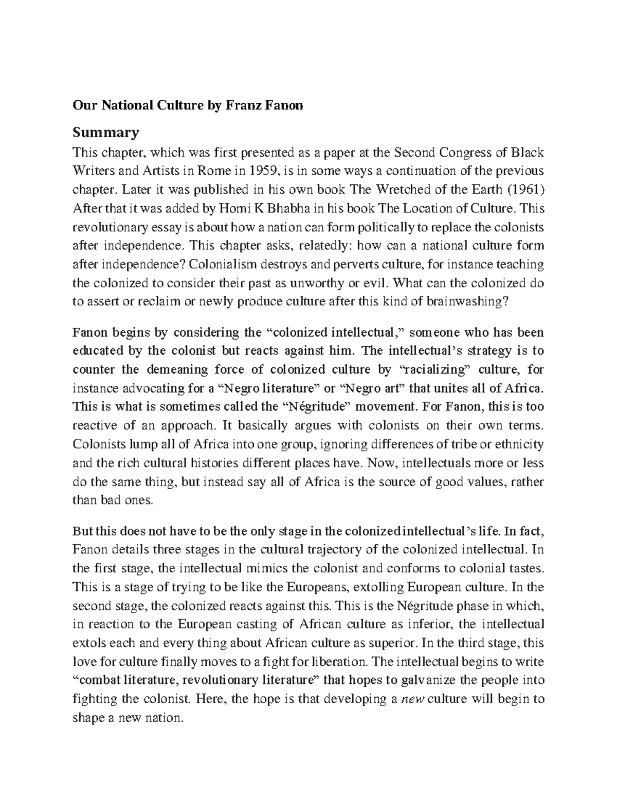 Ba Arts Od College And Information Hhj Our National Culture By Franz Fanon Summary This