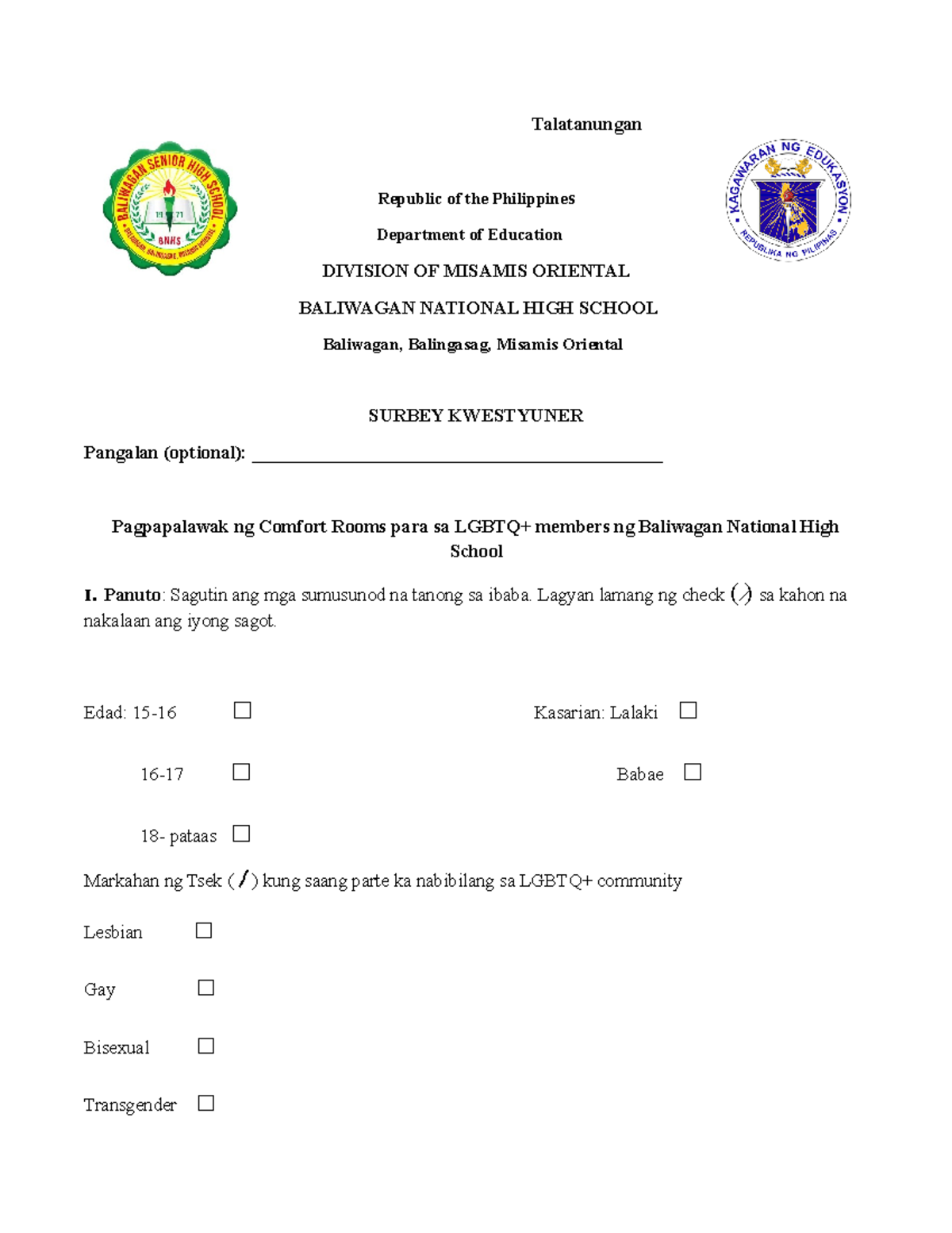 Talatanungan - Talatanungan Republic of the Philippines Department of ...