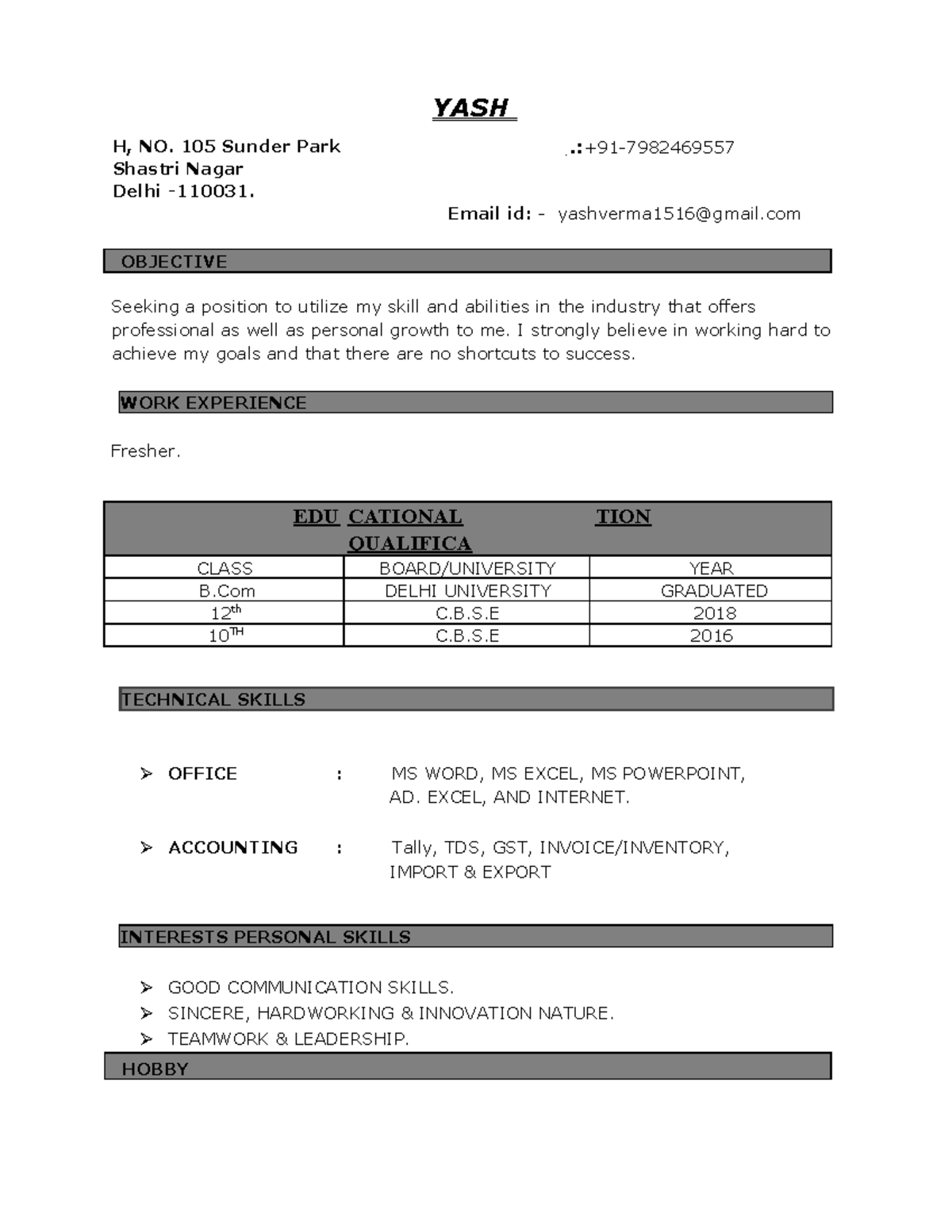 Roshni Verma Resume Gfdgjxgxh Yash H No 105 Sunder Park Shastri Nagar Delhi 110031 91
