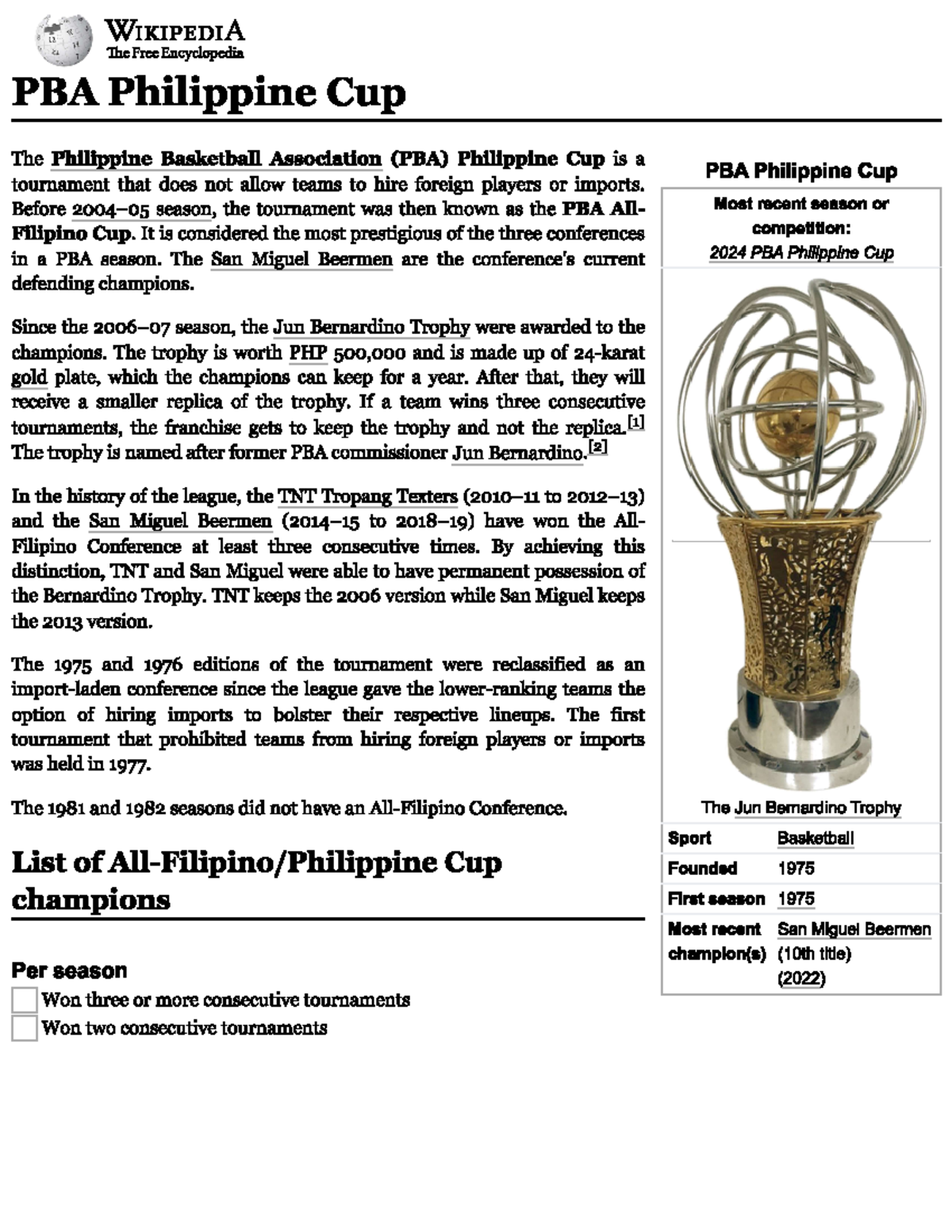 PBA Philippine Cup - Physical Education - Studocu