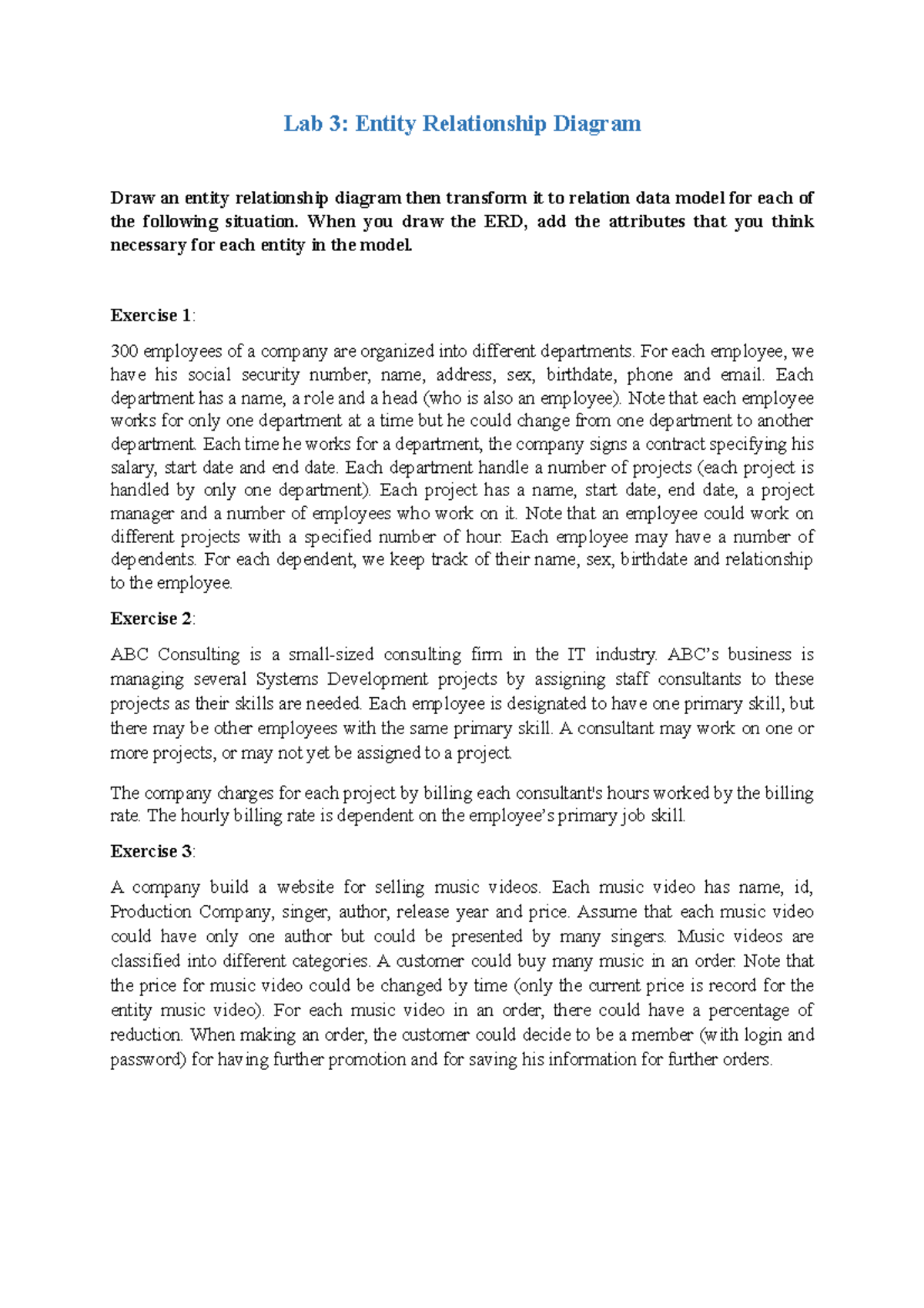 Lab 3 ERD - adsa - Lab 3: Entity Relationship Diagram Draw an entity ...