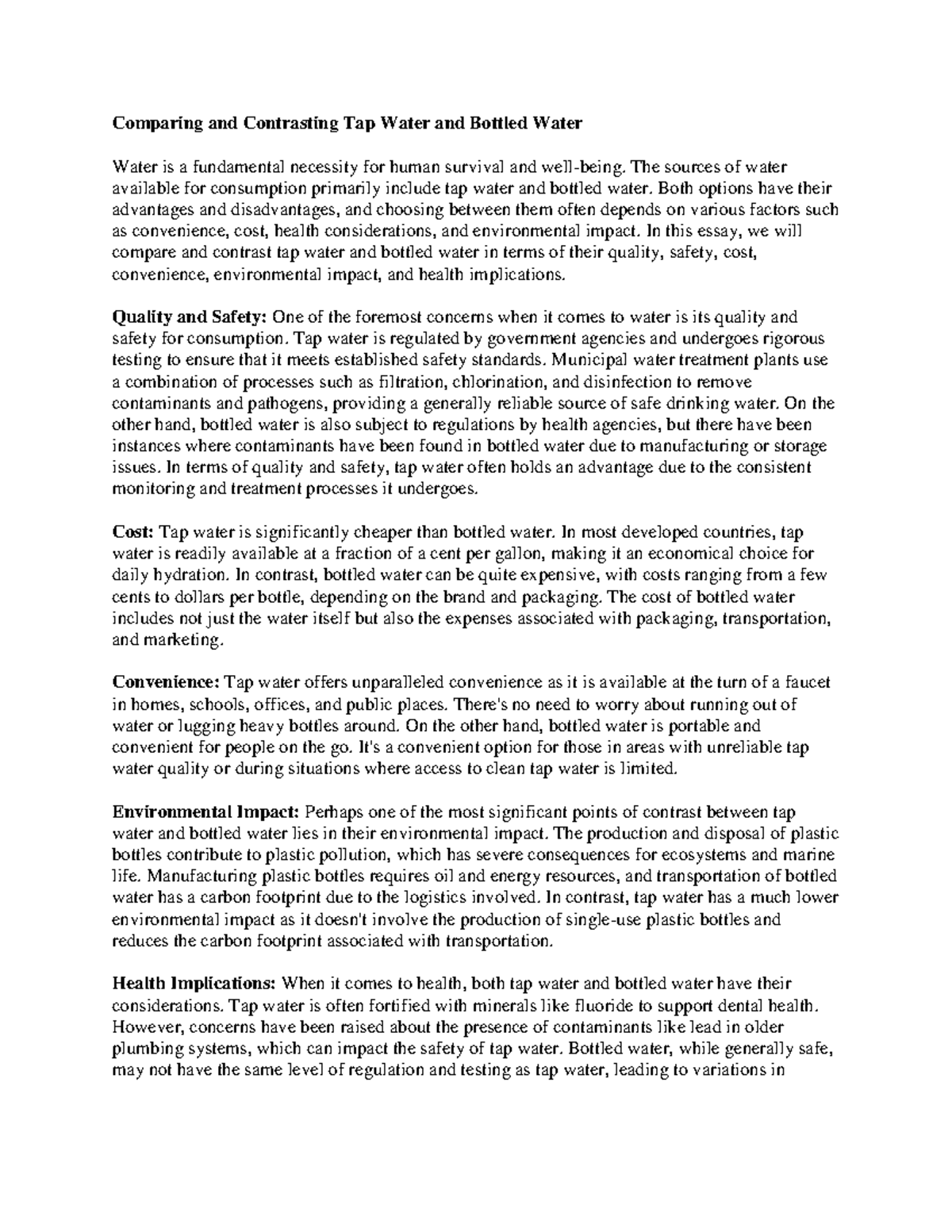 tap water vs bottled water - Comparing and Contrasting Tap Water and ...