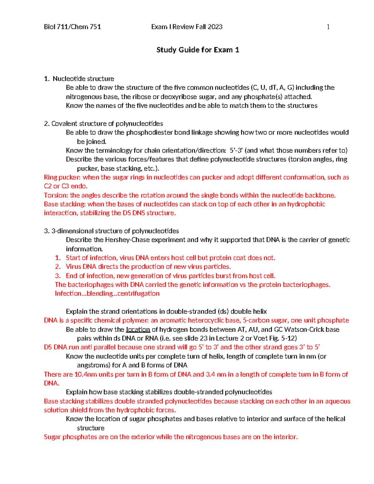 exam 1 study guide - Study Guide for Exam 1 Nucleotide structure Be ...