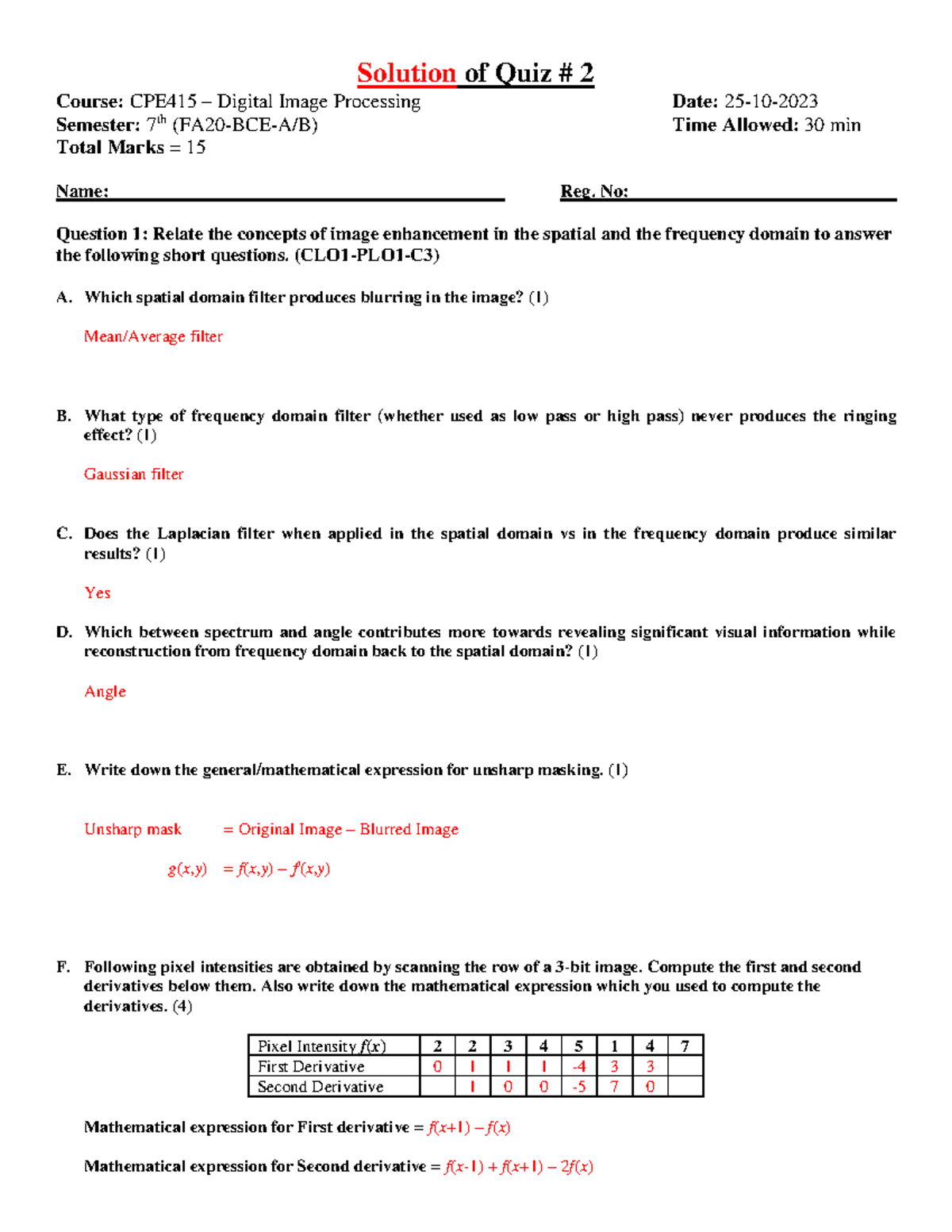 Quiz 2 - Solution - Solution of Quiz # 2 Course: CPE415 – Digital Image Processing Date: 25 - 10 ...