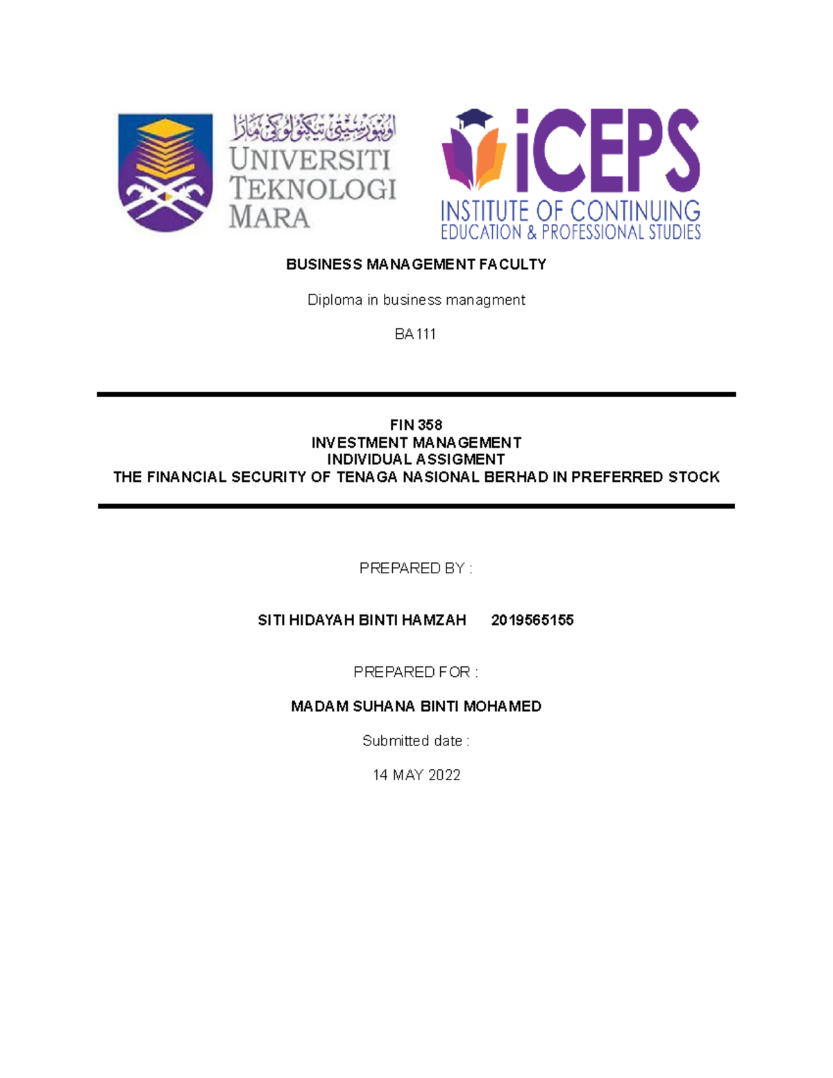 2022 FIN 358 2019 565155 UITM PG - BUSINESS MANAGEMENT FACULTY Diploma ...