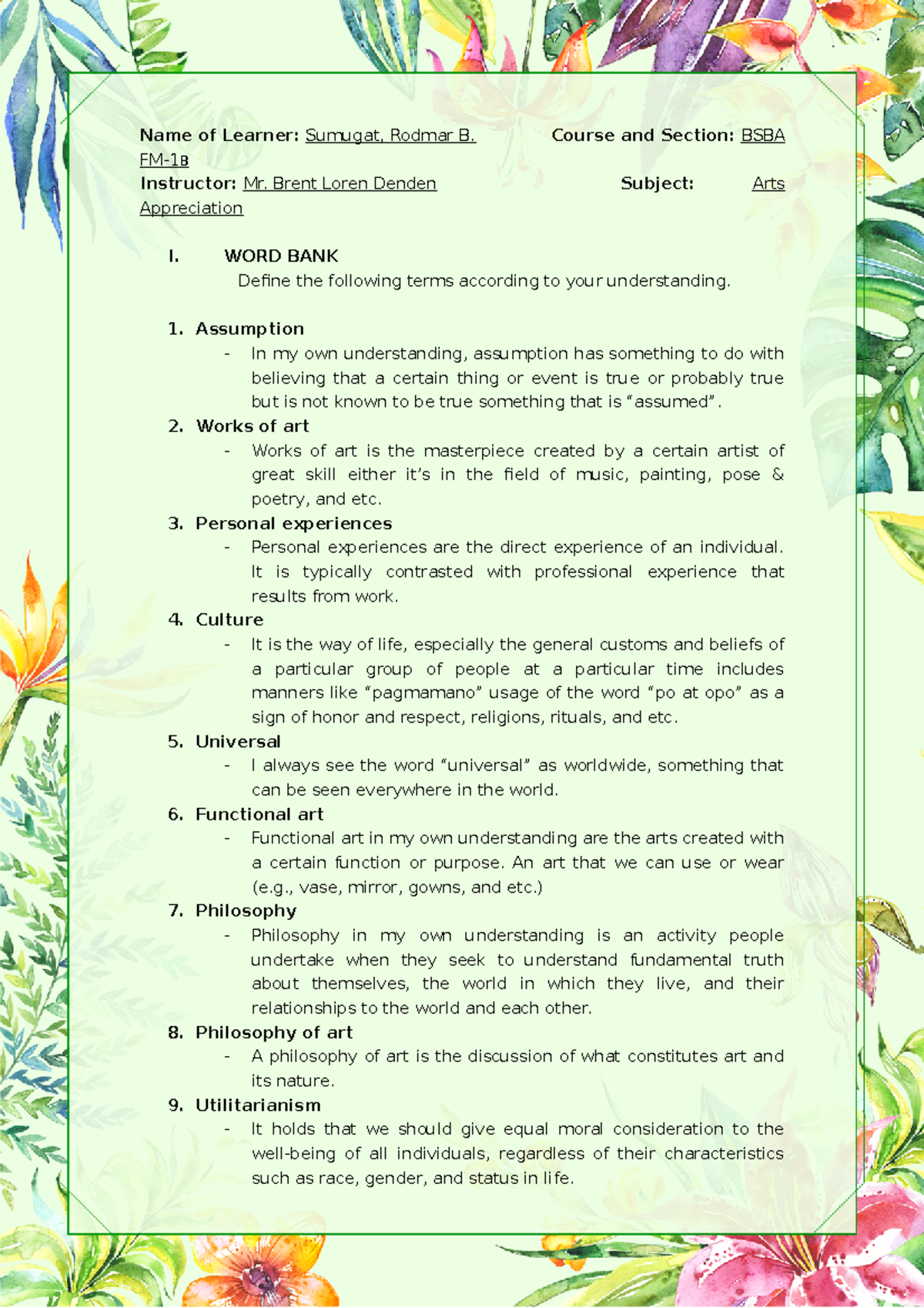 ART Appreciation - Name of Learner: Sumugat, Rodmar B. Course and ...