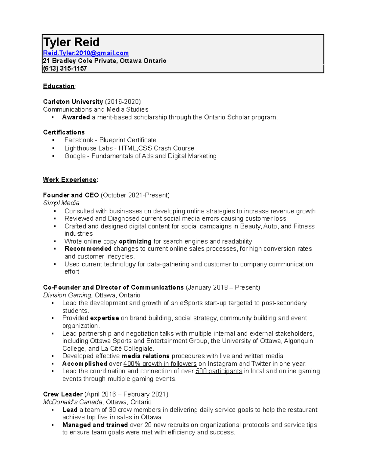Resume Tyler ReidResumeResume - Tyler Reid Reid.Tyler@gmail 21 Bradley ...