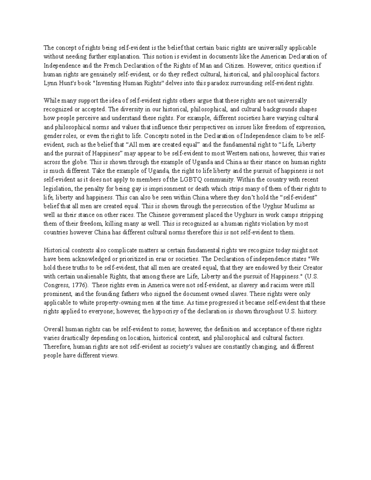 Written Reflection #1 - The concept of rights being self-evident is the ...