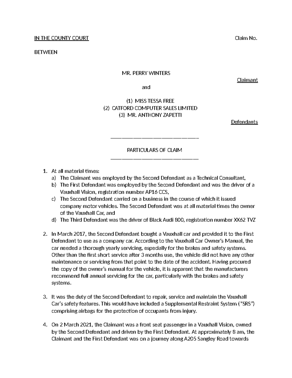 Particulars OF Claim - tutorial work - IN THE COUNTY COURT Claim No ...