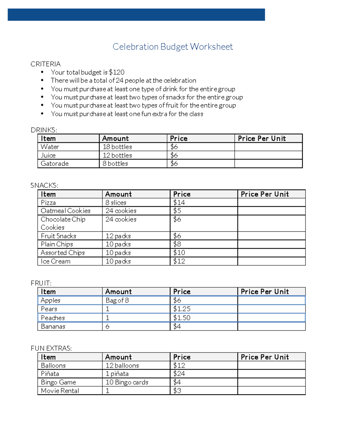Sintrell Franklin - Celebration Budget Worksheet - Celebration Budget ...