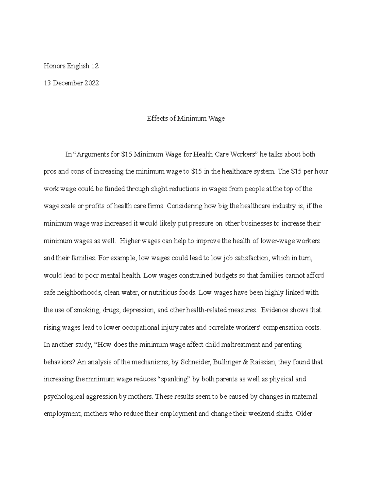Effects of Minimum Wage - Honors English 12 13 December 2022 Effects of ...