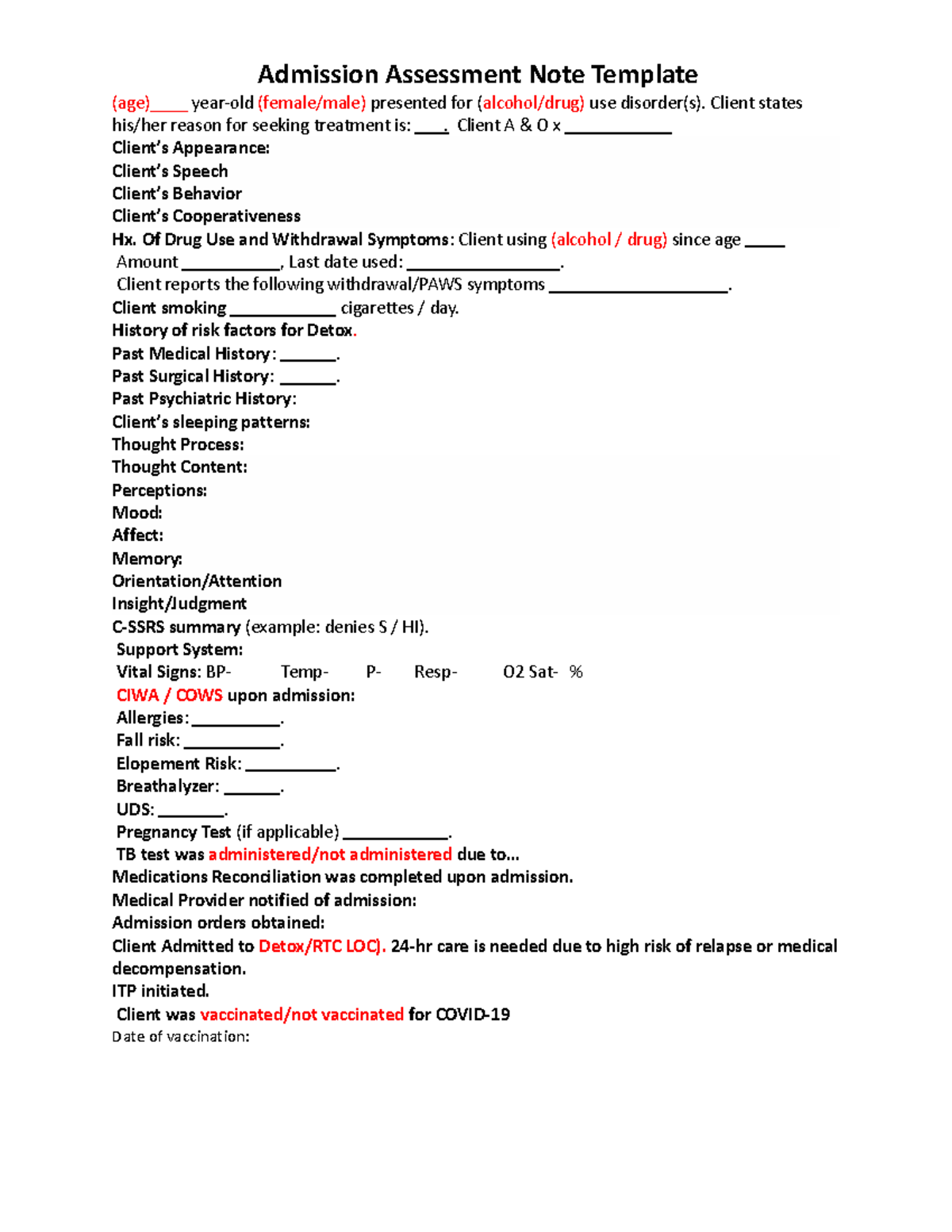 Admit Progress Note Template-Updates 1 - Admission Assessment Note ...