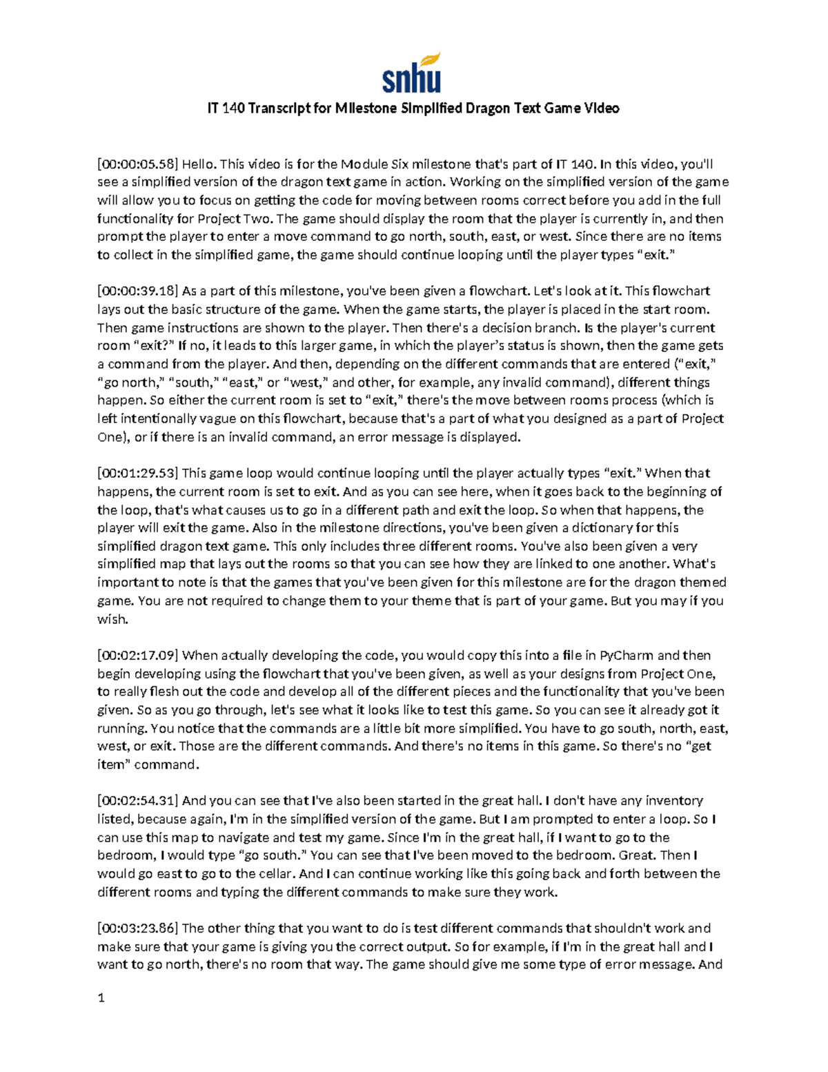 IT 140 Transcript for Milestone Simplified Dragon Text Game Video ...