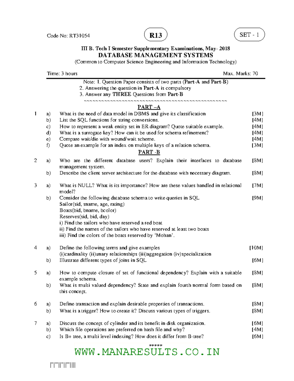Rt31054052018 Dbms Code No Rt Iii B Tech I