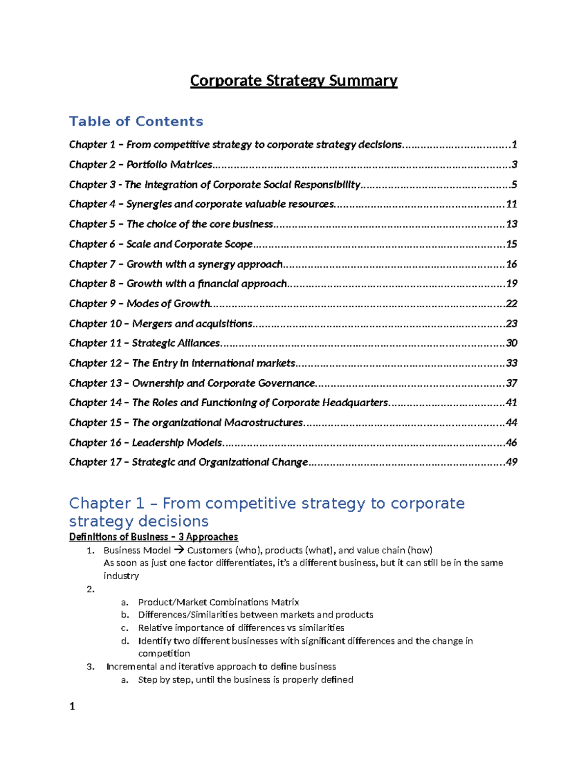 Corporate Strategy Summary - Corporate Strategy Summary Table of ...