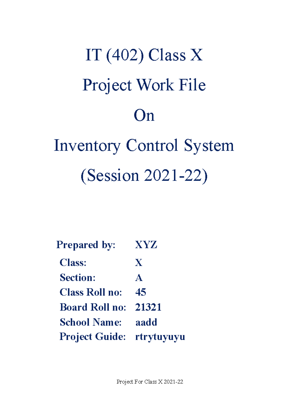 Inventory project - IT (402) Class X Project Work File On Inventory ...
