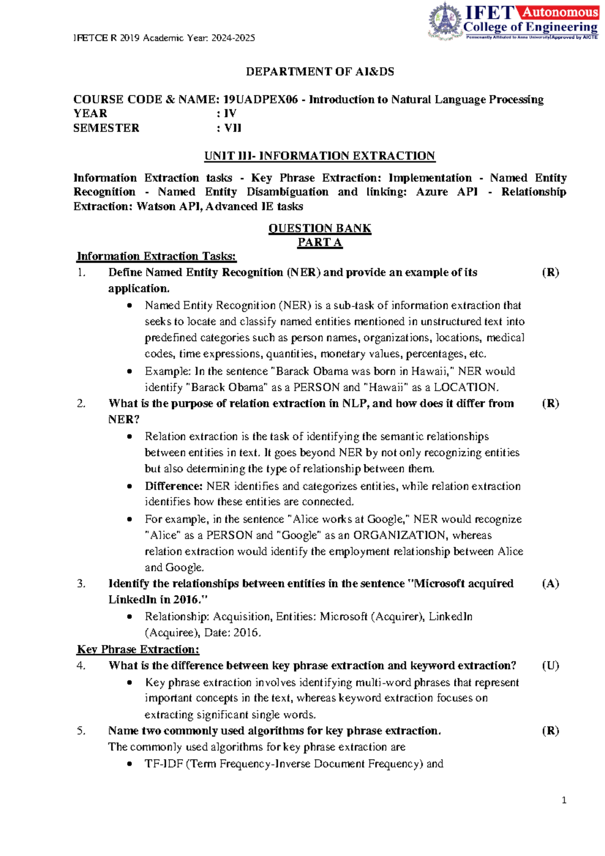 NLP ANS U3 (2) - QUESTION PAPER 2023 - DEPARTMENT OF AI&DS COURSE CODE ...