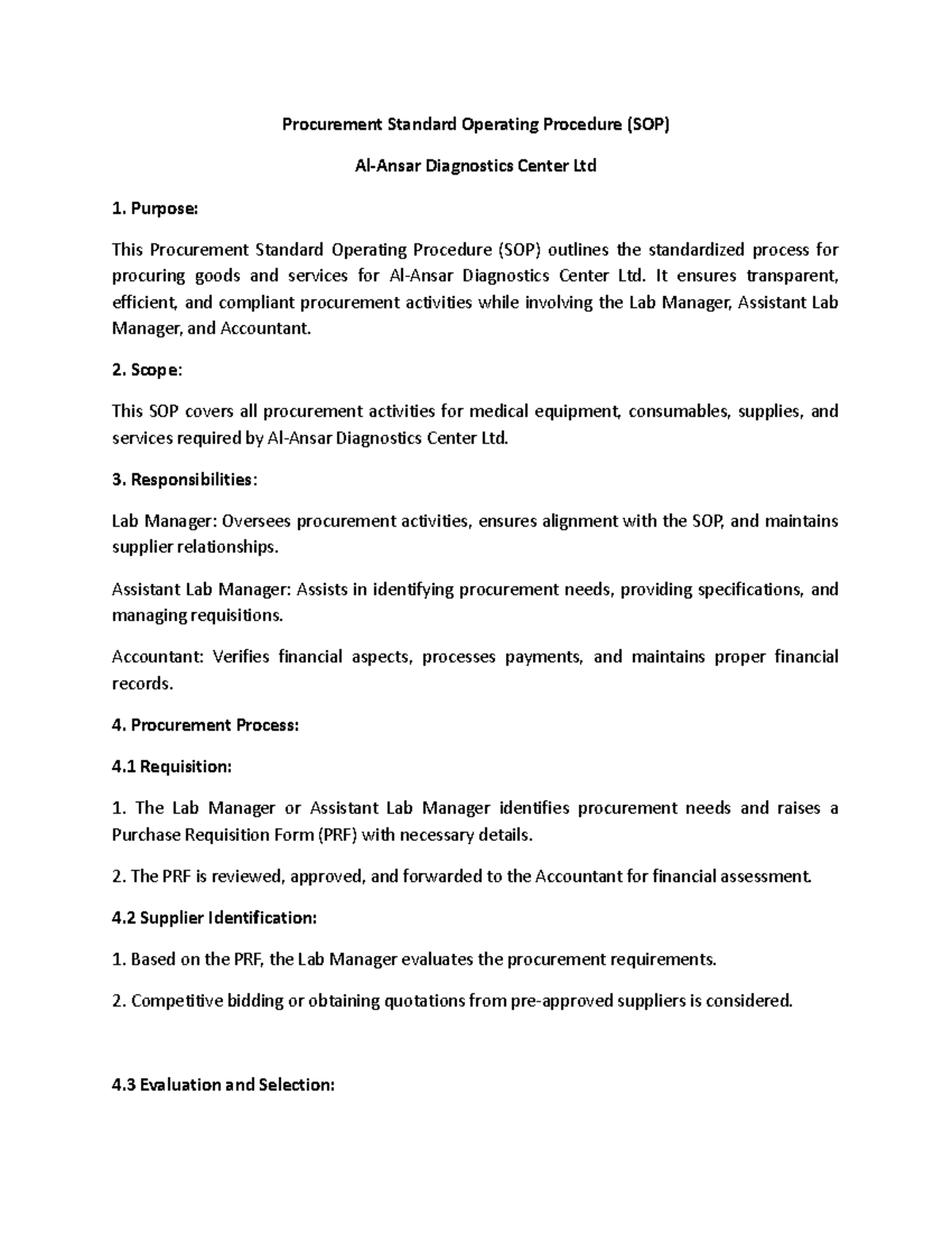Procurement SOP - Procurement Standard Operating Procedure (SOP) Al ...