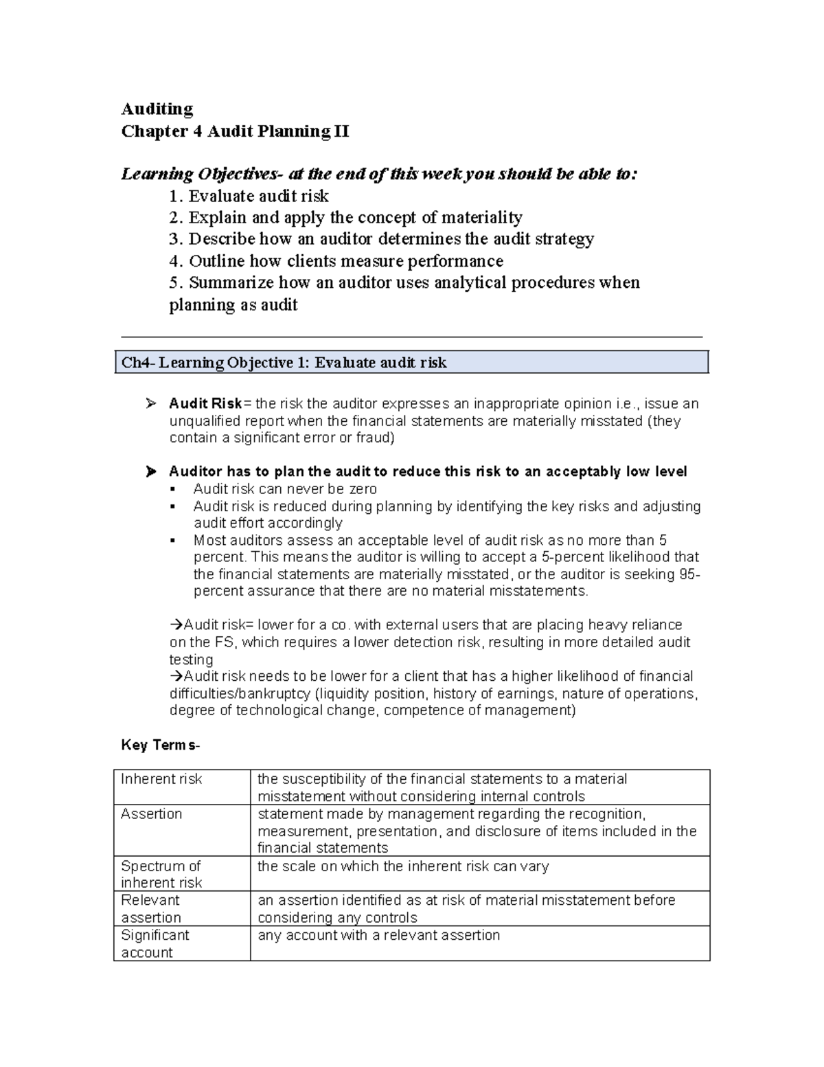 Audit Class Notes Ch 4 - Auditing Chapter 4 Audit Planning II Learning ...