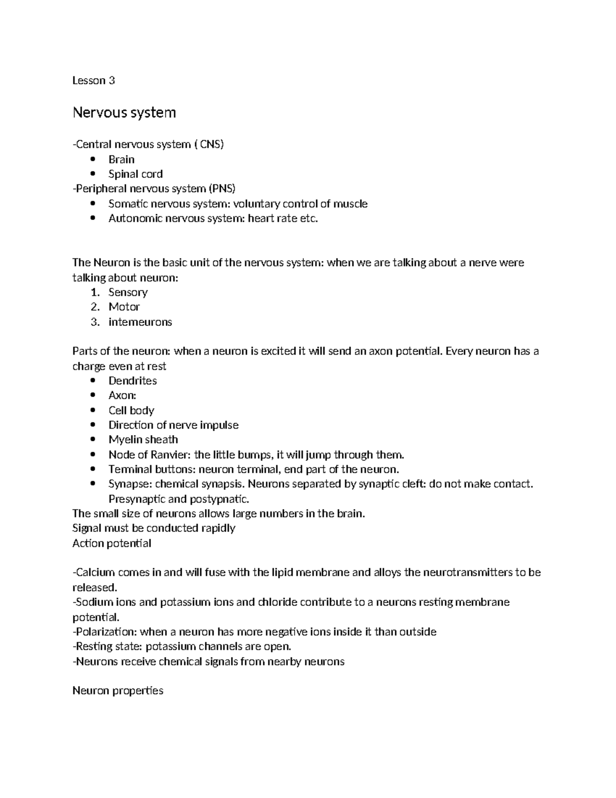 Lesson 3 notes - Lesson 3 Nervous system -Central nervous system ( CNS ...
