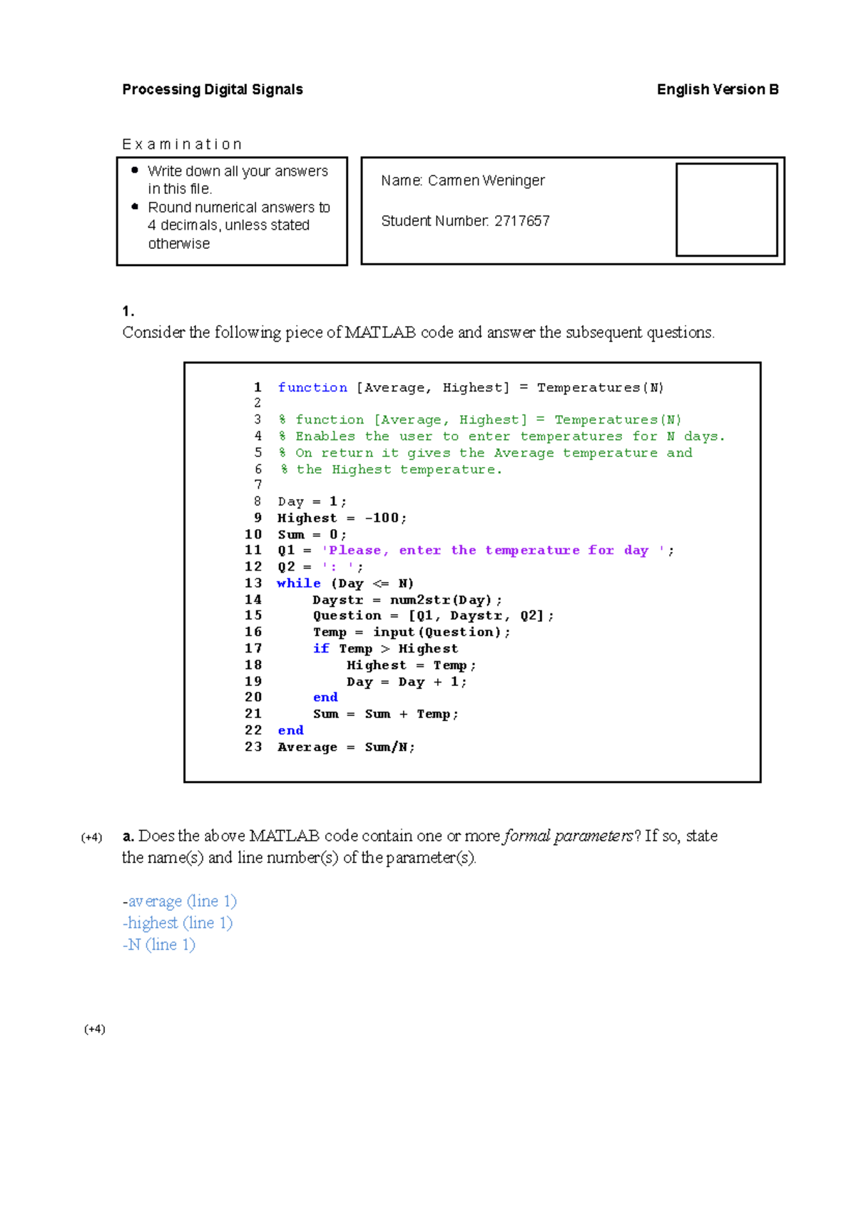 Processing Digital Signals - Exam 2020 + answers - Processing Digital ...
