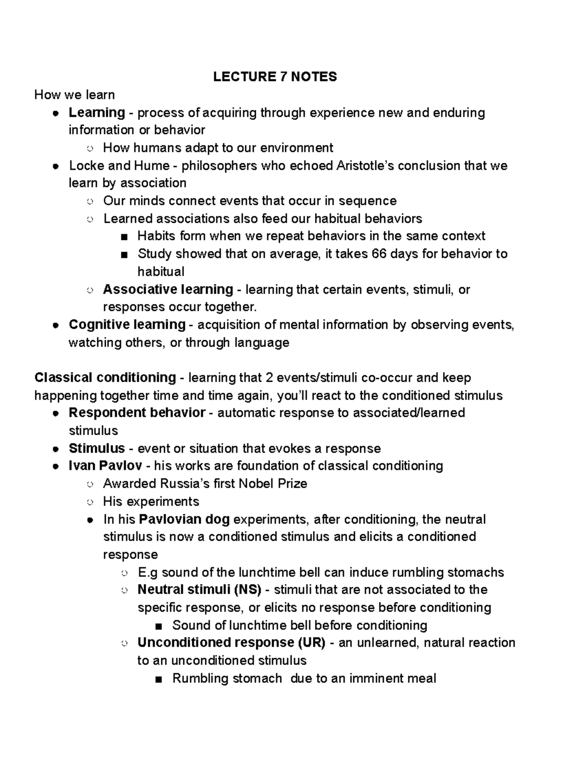 Lecture 8 Notes Learning For Intro To Psych Lecture 7 Notes How We