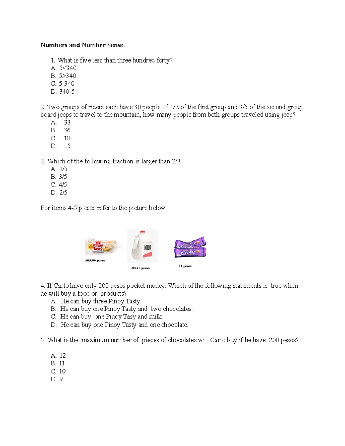 Practice Exam in Math Involving Number Sense, Geometry and Elementary ...