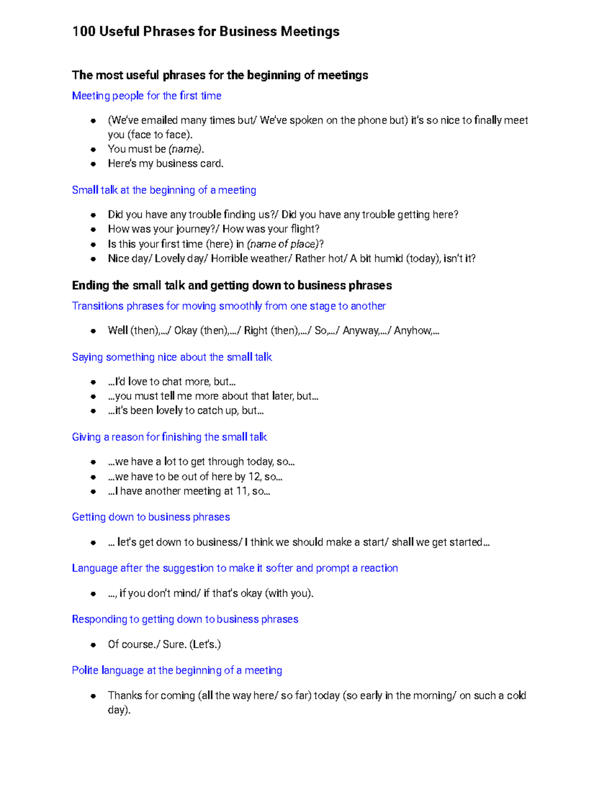 100 Useful Phrases for Business Meetings - 100 Useful Phrases for Business Meetings The most ...