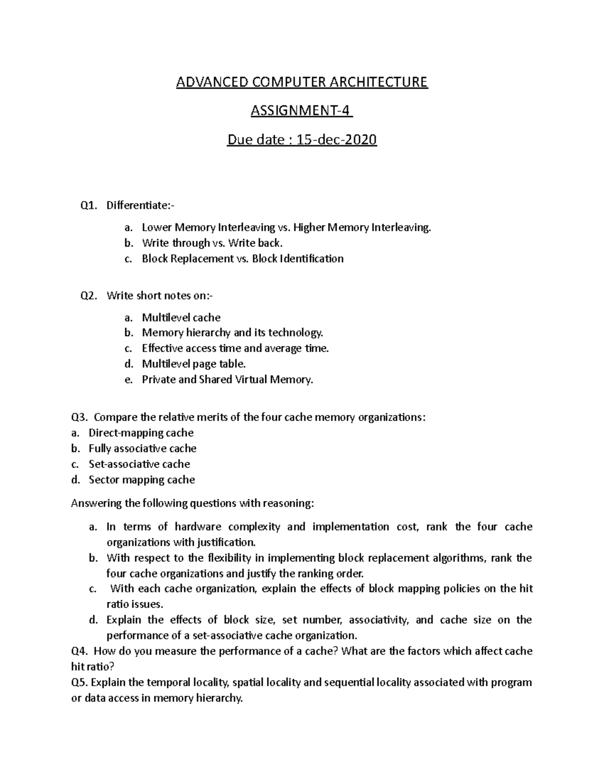 Assignment 4-MCS101-ACA - ADVANCED COMPUTER ARCHITECTURE ASSIGNMENT- Due date : 15-dec- Q1 ...