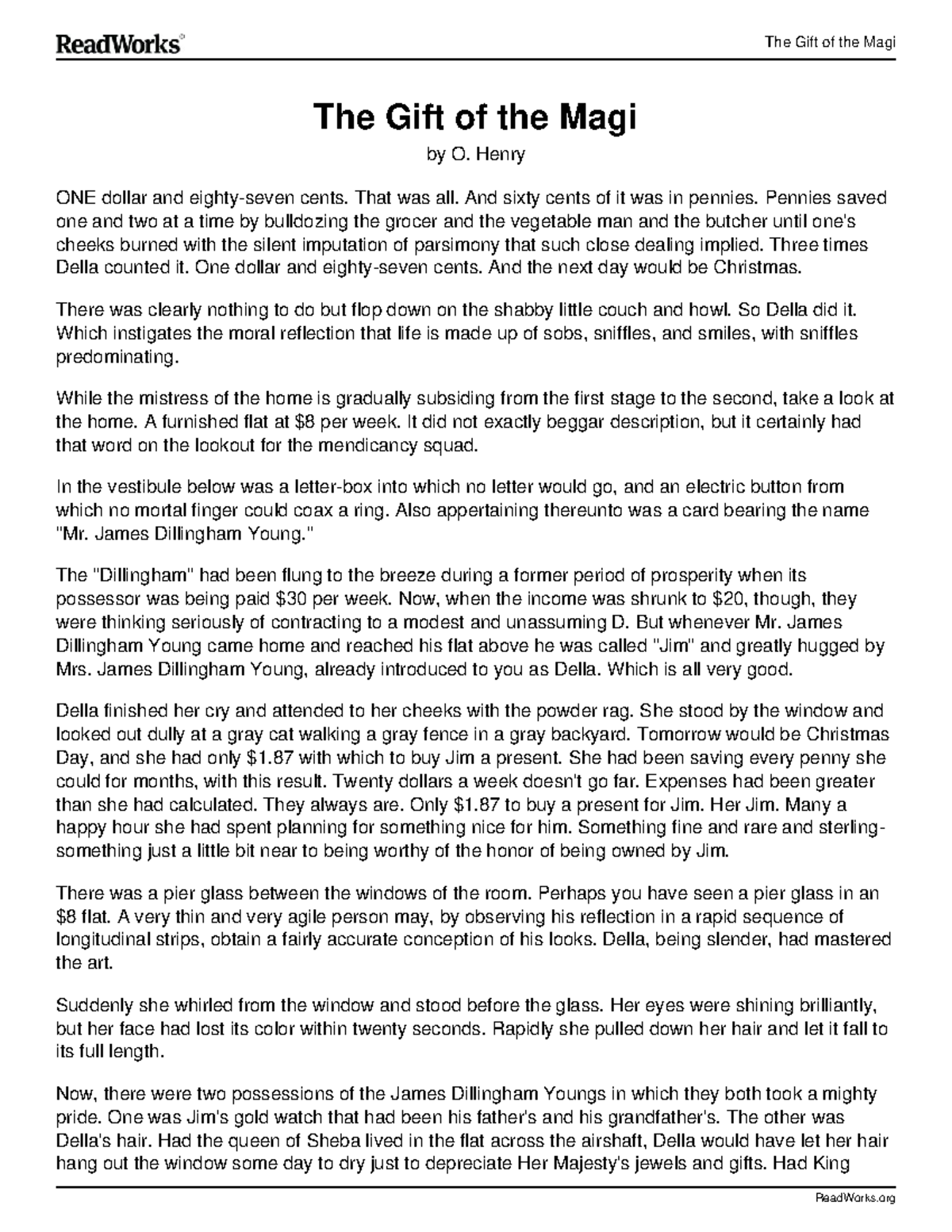 Reading 02 05 - The Gift of the Magi The Gift of the Magi by O. Henry ...
