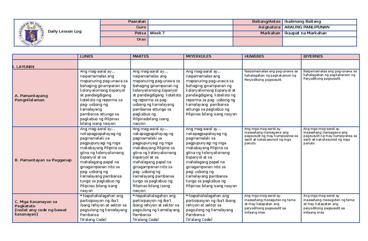 DLL WEEK 7-Q4 AP 5 - EYUFYEFI - Daily Lesson Log Paaralan Baitang/Antas Ikalimang Baitang Guro ...