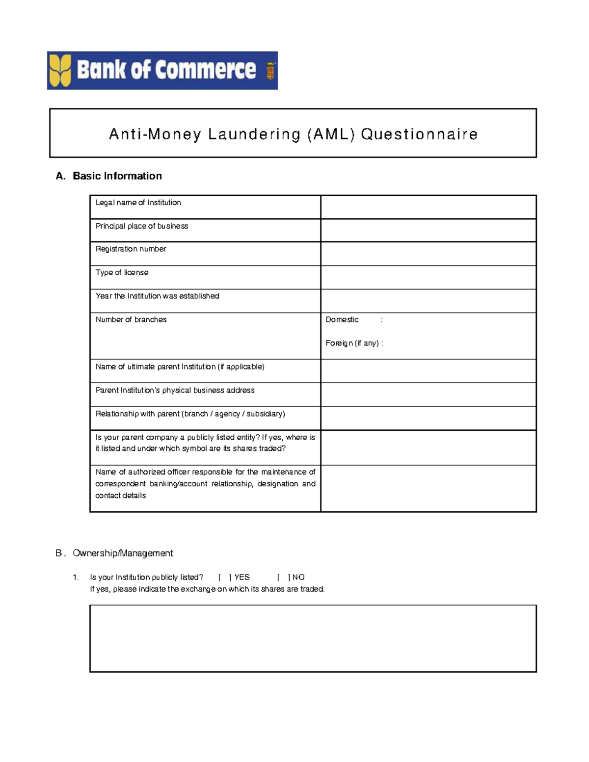 BOC AML questionnaire template - Anti-Money Laundering (AML ...