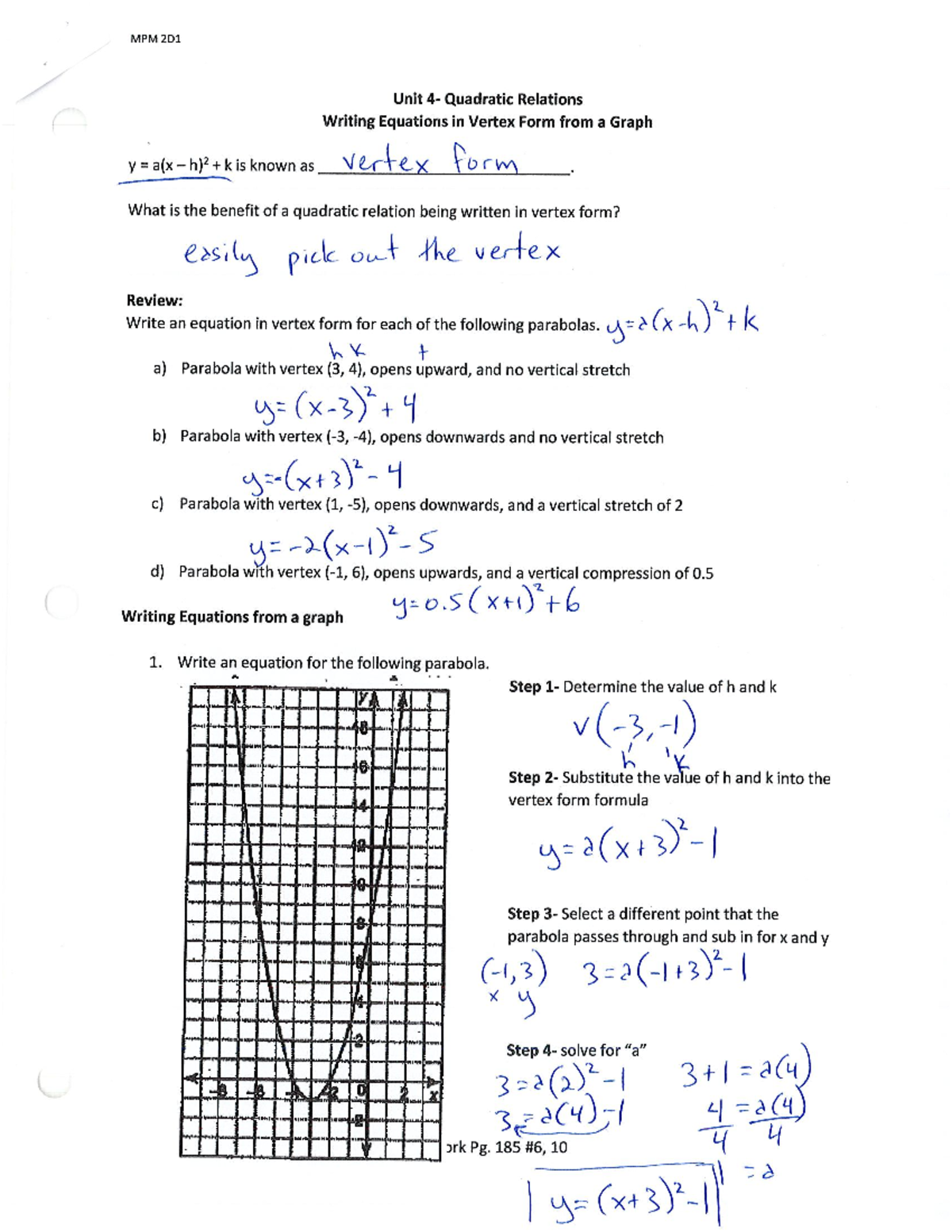 Vertex Form Equations Note Filled in - Studocu