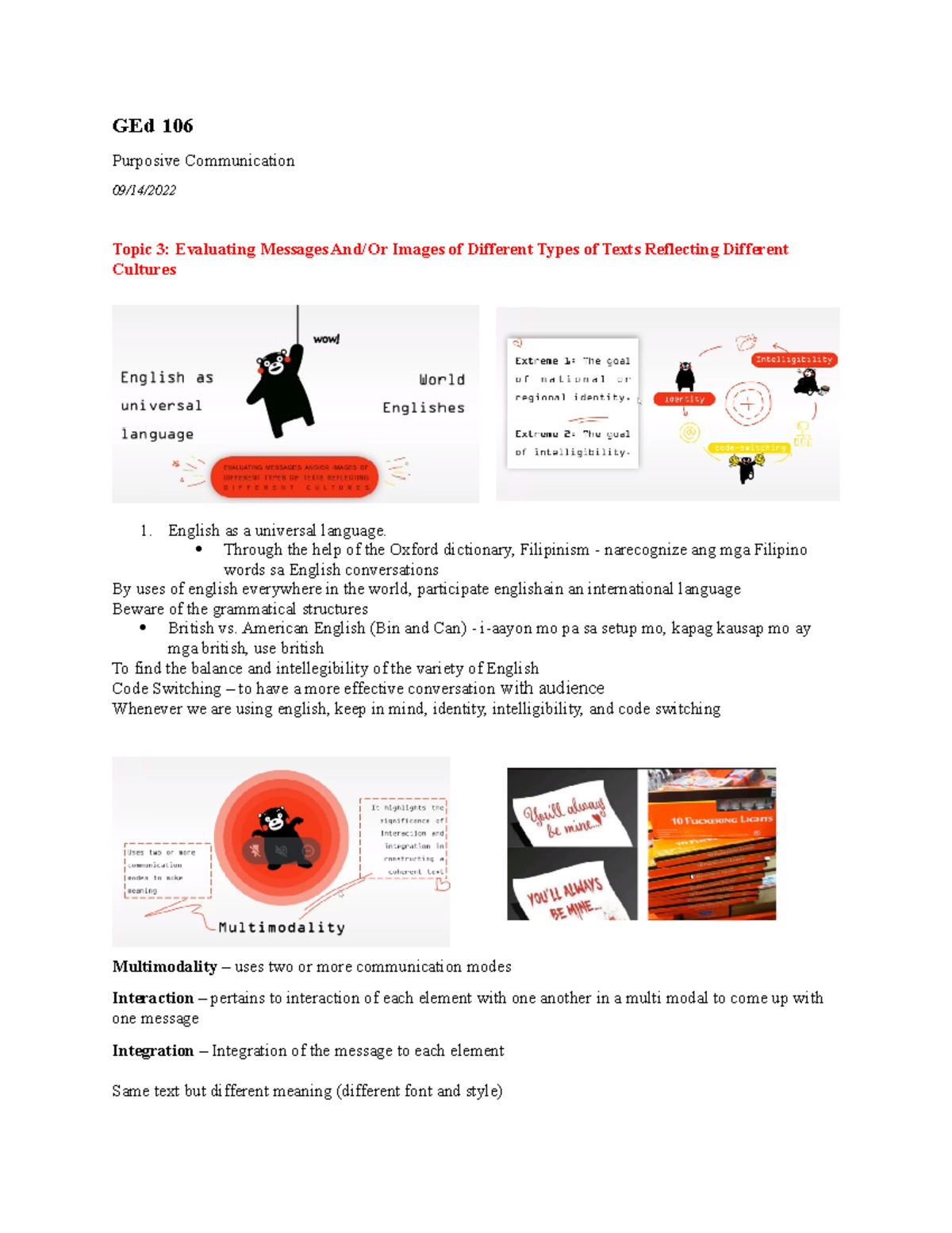 GEd 106 (09 - notes in purposive communication - GEd 106 Purposive ...