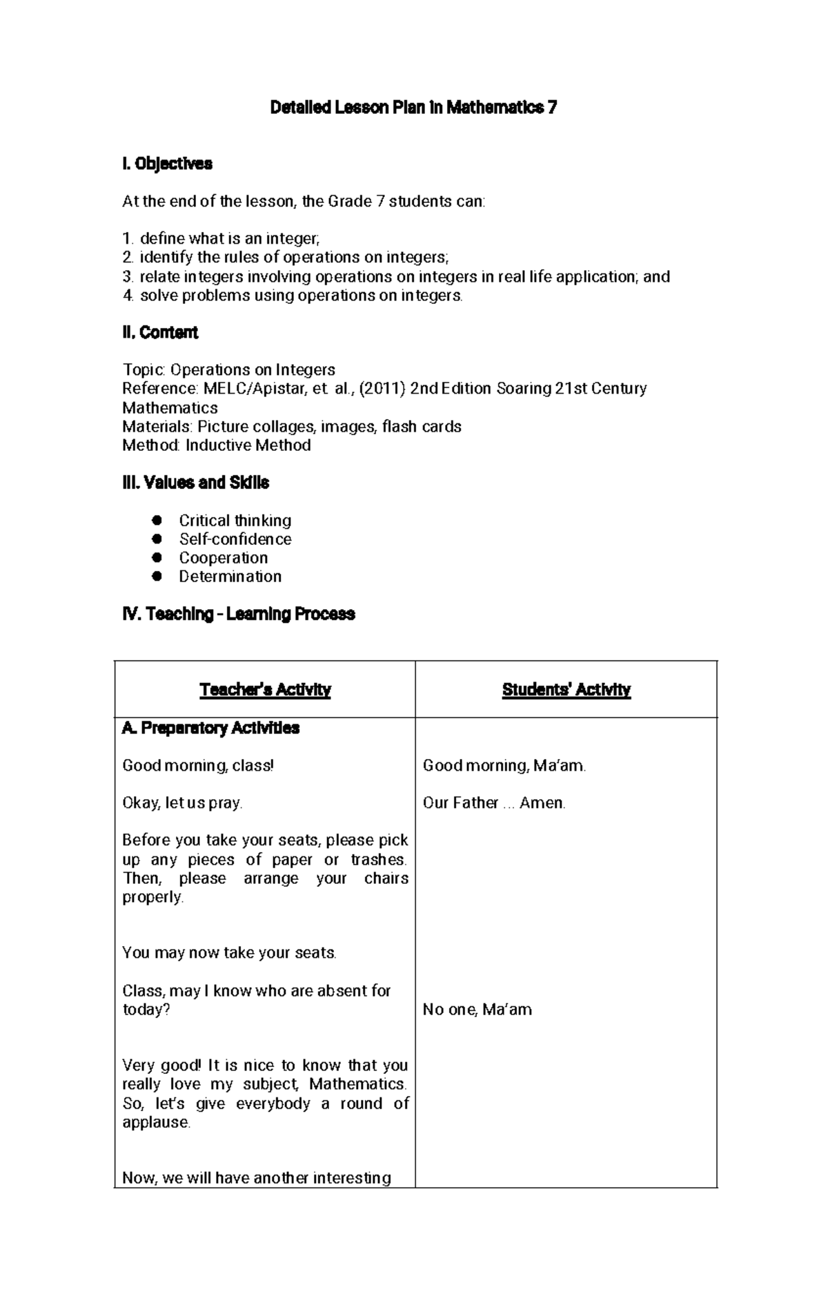 DLP Mathematics Sir Ecleo - DetailedLessonPlaninMathematics 7 I At the ...