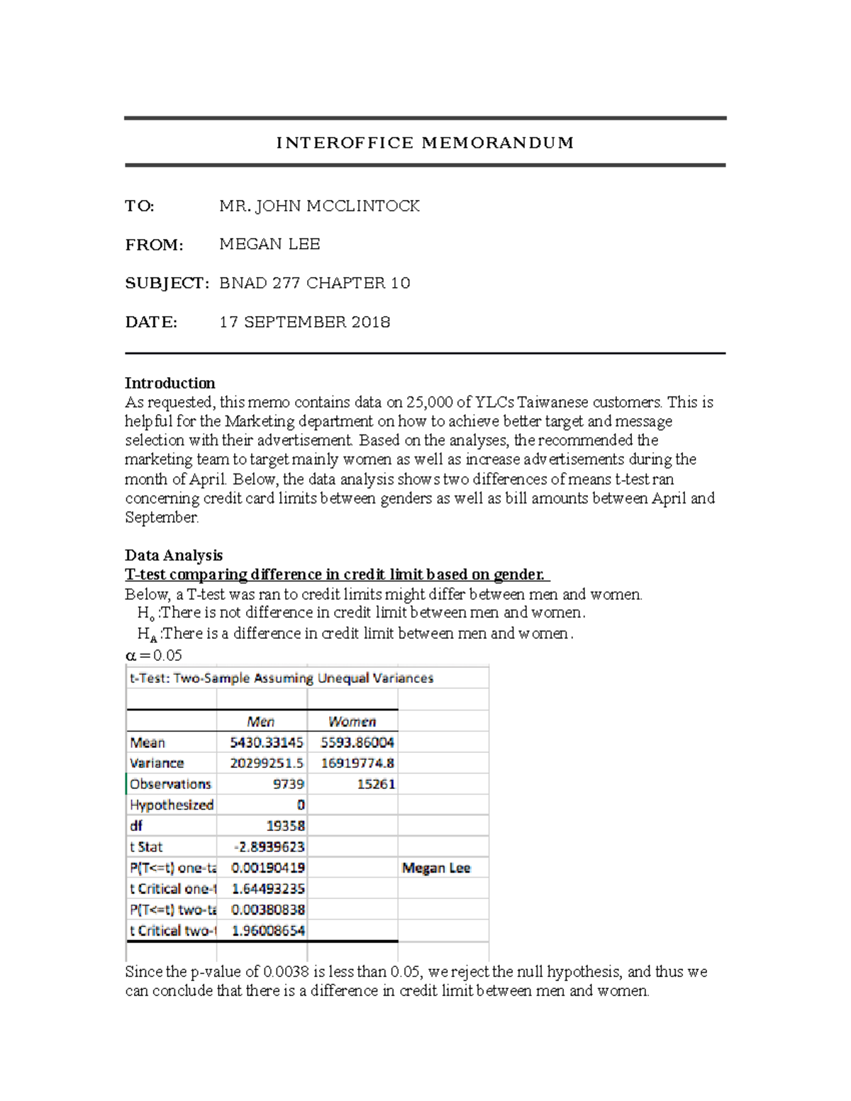 Memo Outline Lab - mandatory lab; Statistical Inference Concerning Two ...