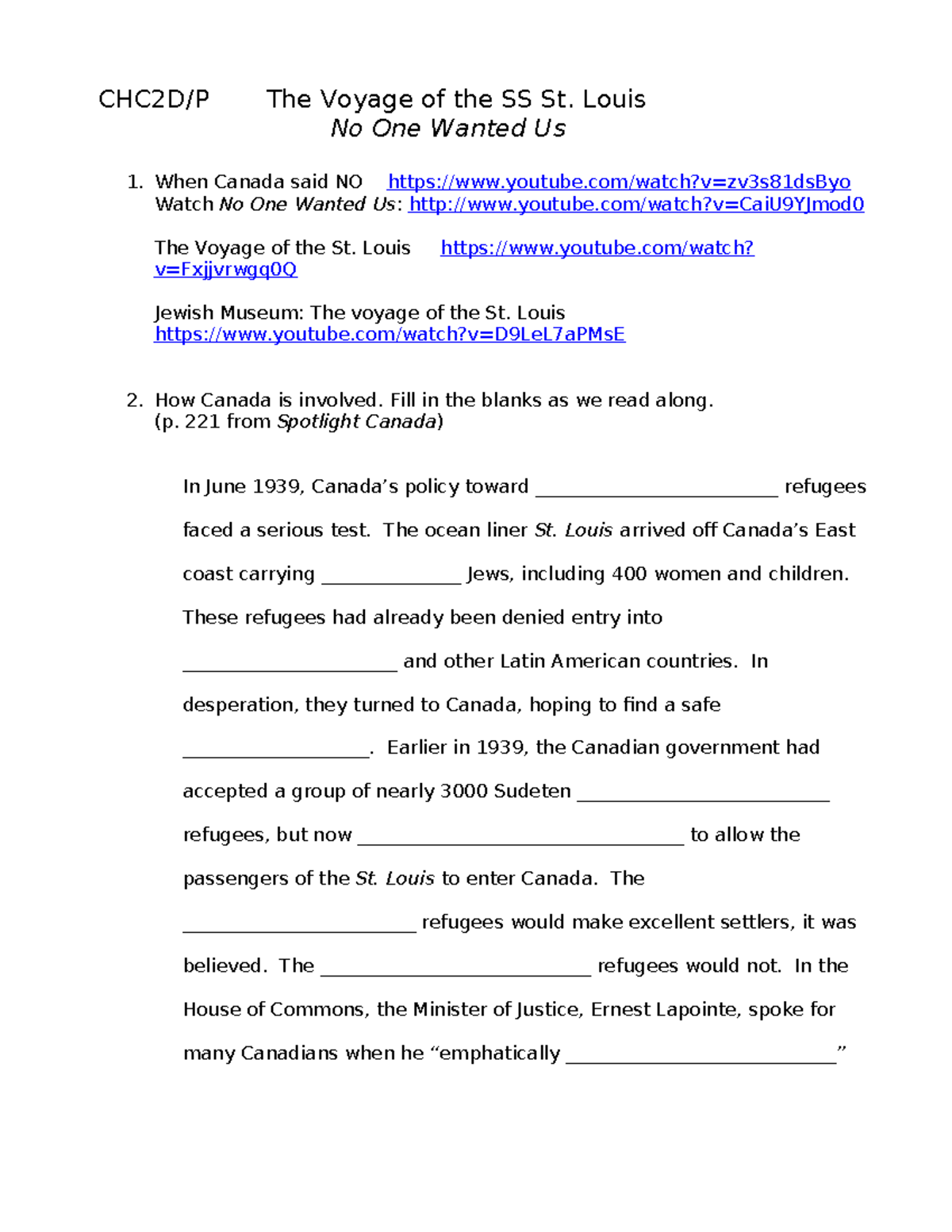 The SS St Louis - Worksheet - CHC2D/P The Voyage of the SS St. Louis No ...