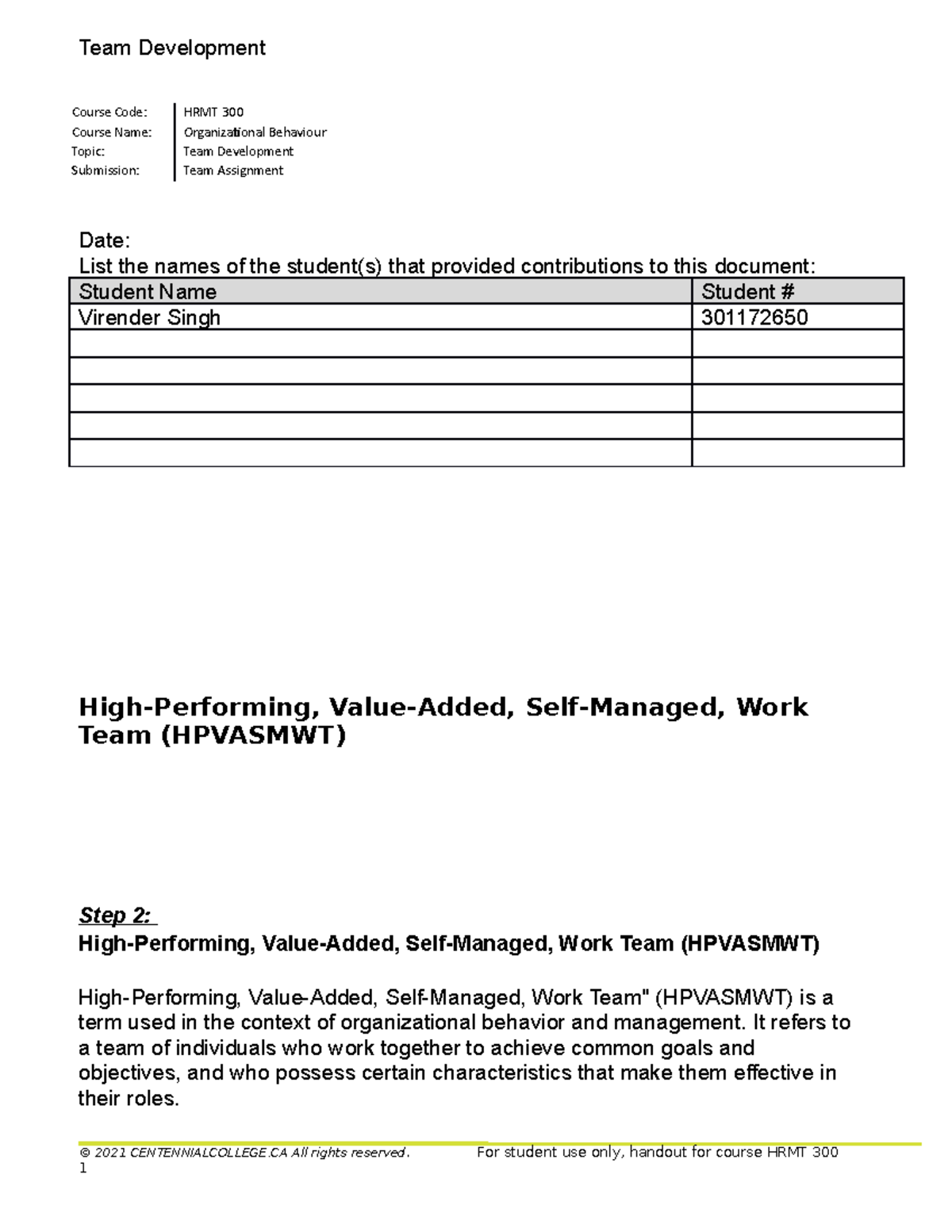 HRMT 300 Team Development ready - Team Development Course Code: HRMT ...