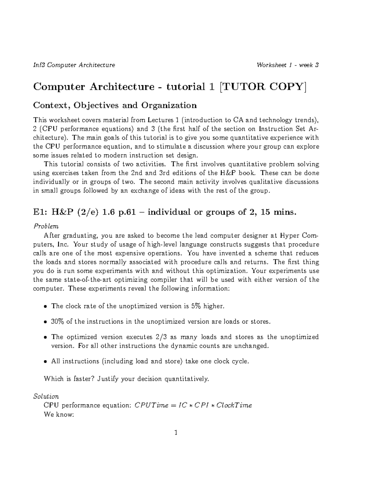 Solution 1 - great - Computer Architecture - tutorial 1 [TUTOR COPY] Context, Objectives and ...