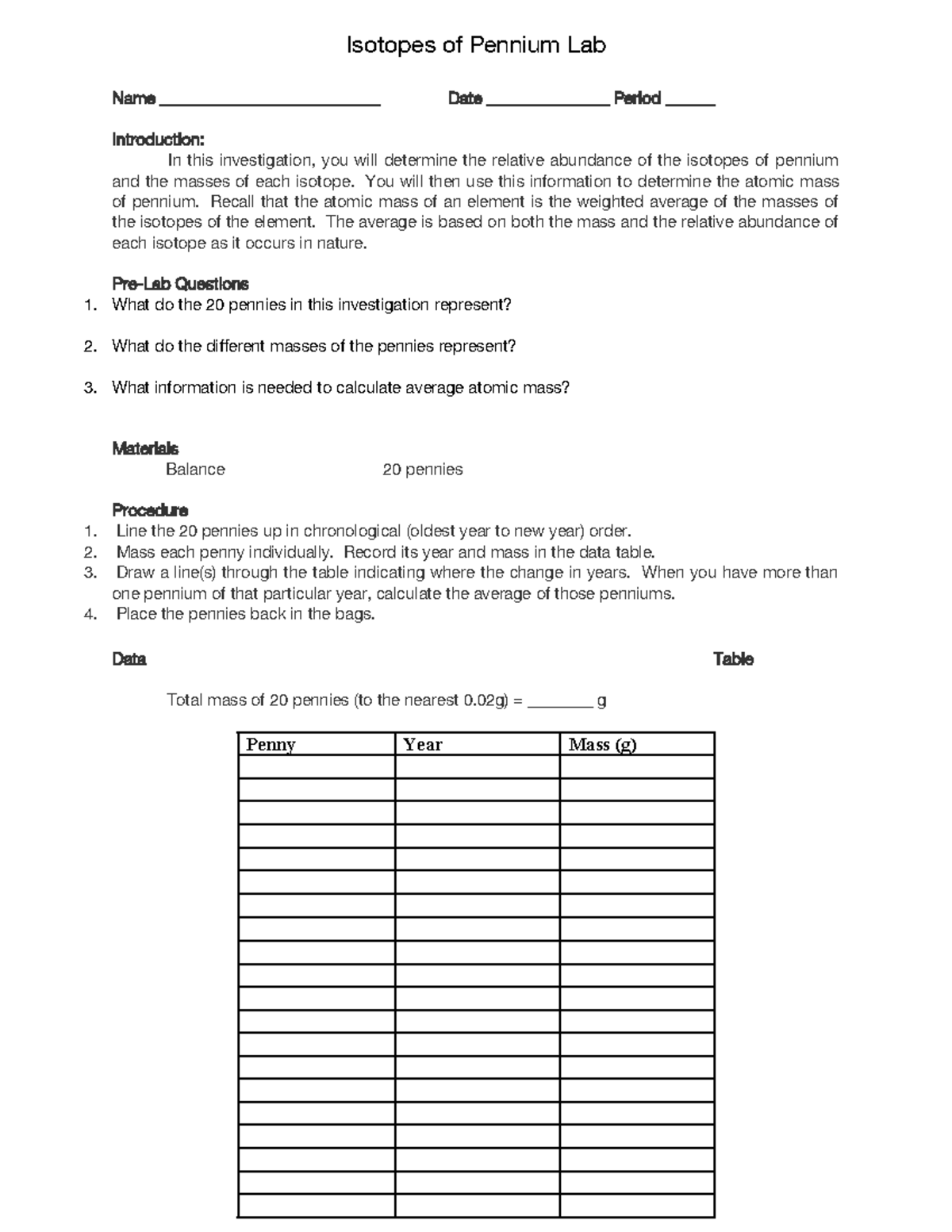 Copy of U3 Isotopes of Pennium Lab Student - Isotopes of Pennium Lab ...