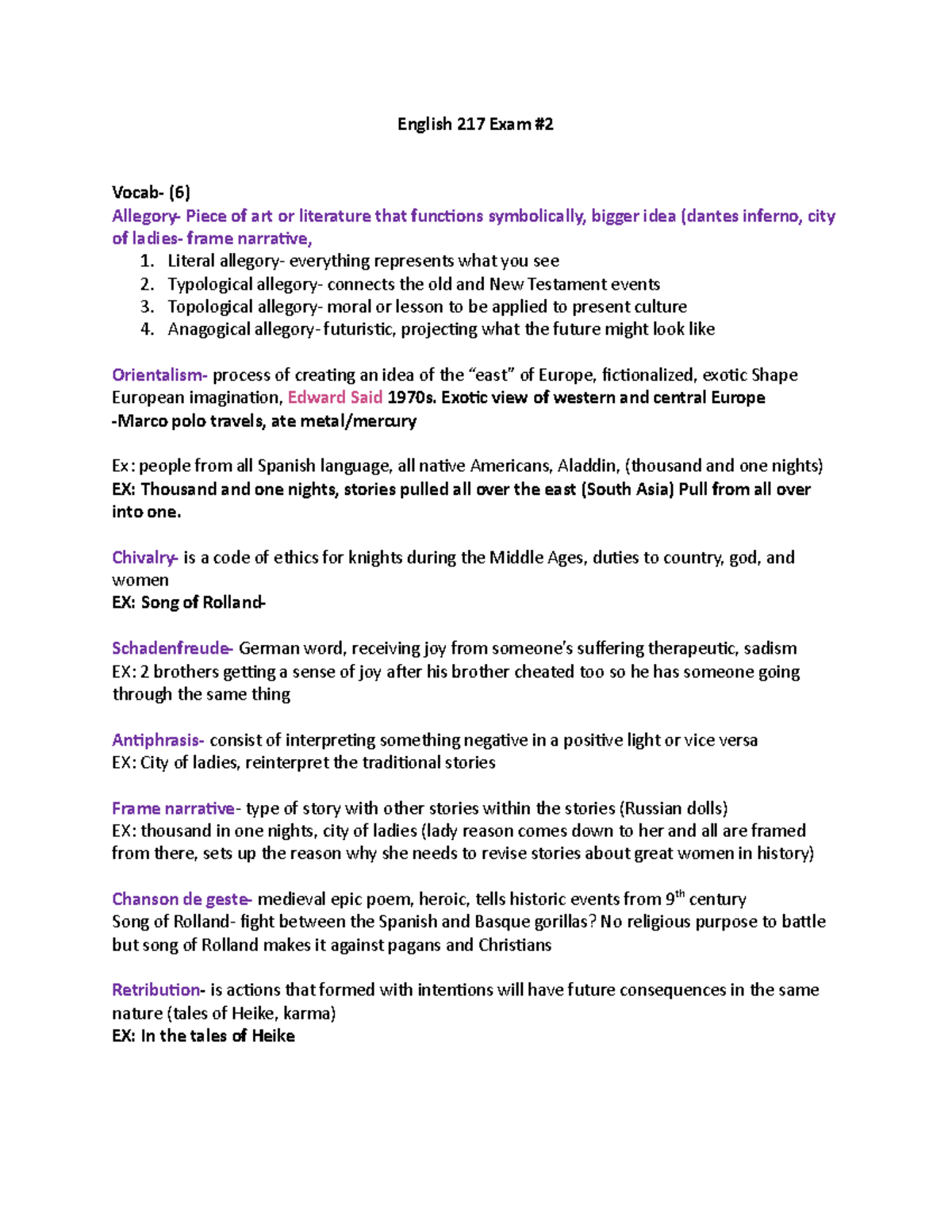 English 217 Exam #2 - Information for exam 2 - English 217 Exam # Vocab ...