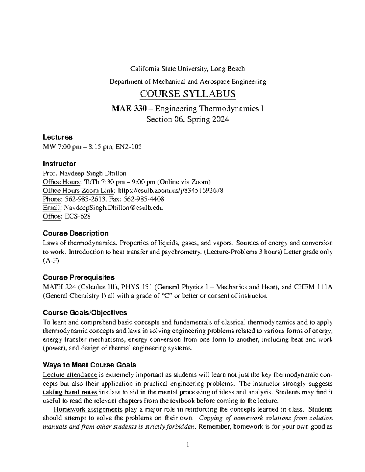 Syllabus MAE330-06 - California State University, Long Beach Department ...