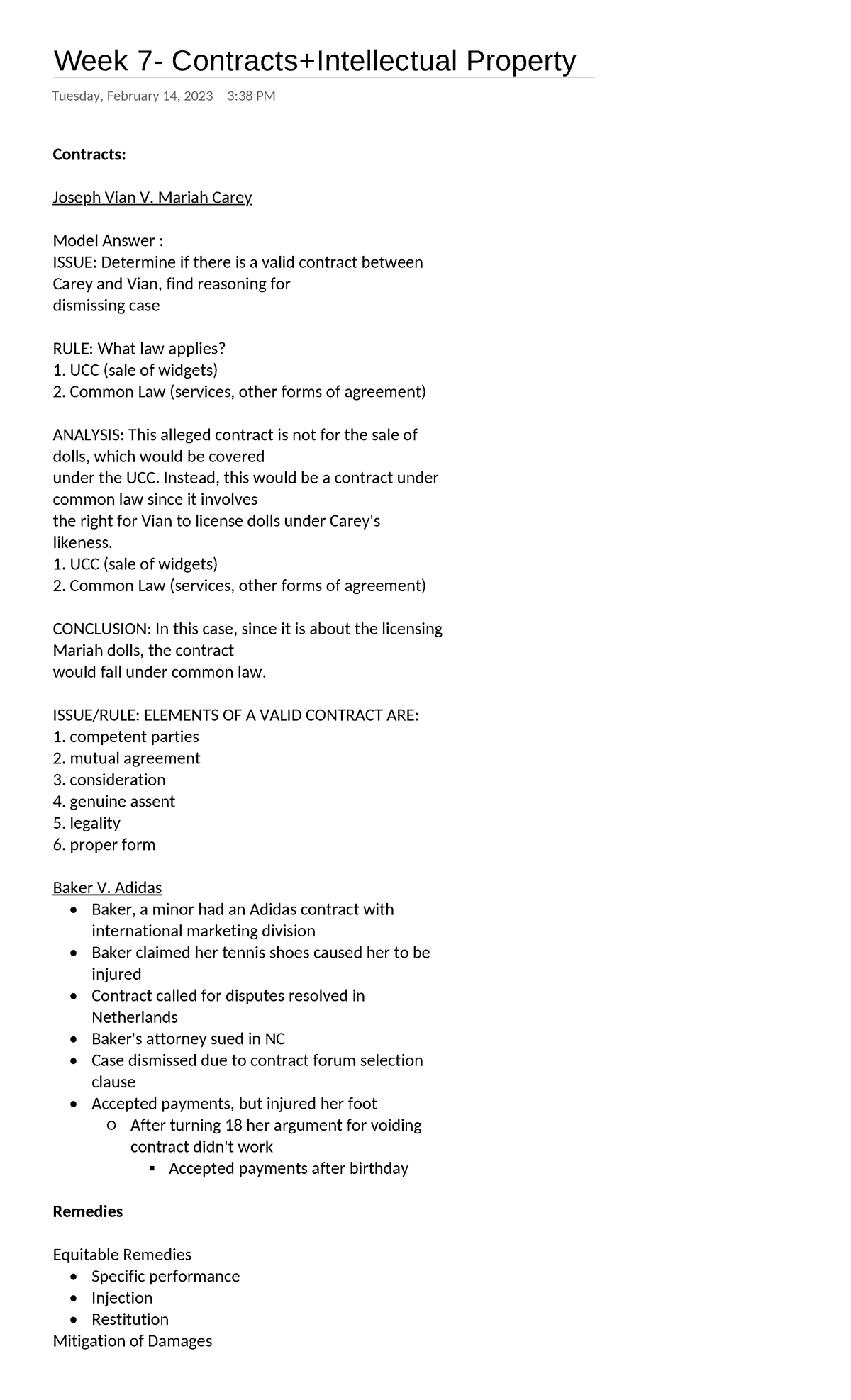 Wk7 - Week 7 Lecture Notes and Slide notes - Week 7- Contracts ...